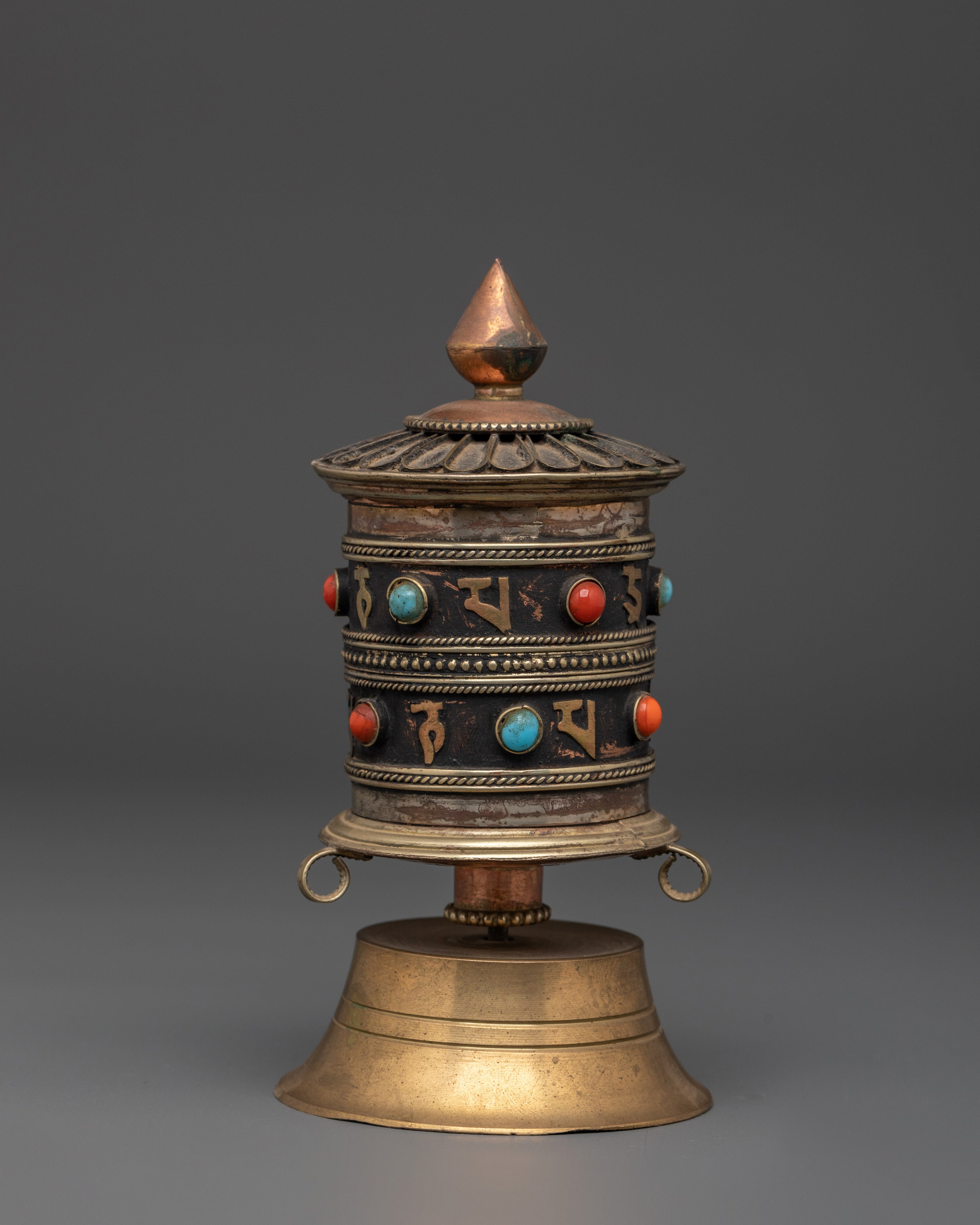 Sacred Prayer Wheel with Gemstones | Brass Turquoise Buddhist Wheel