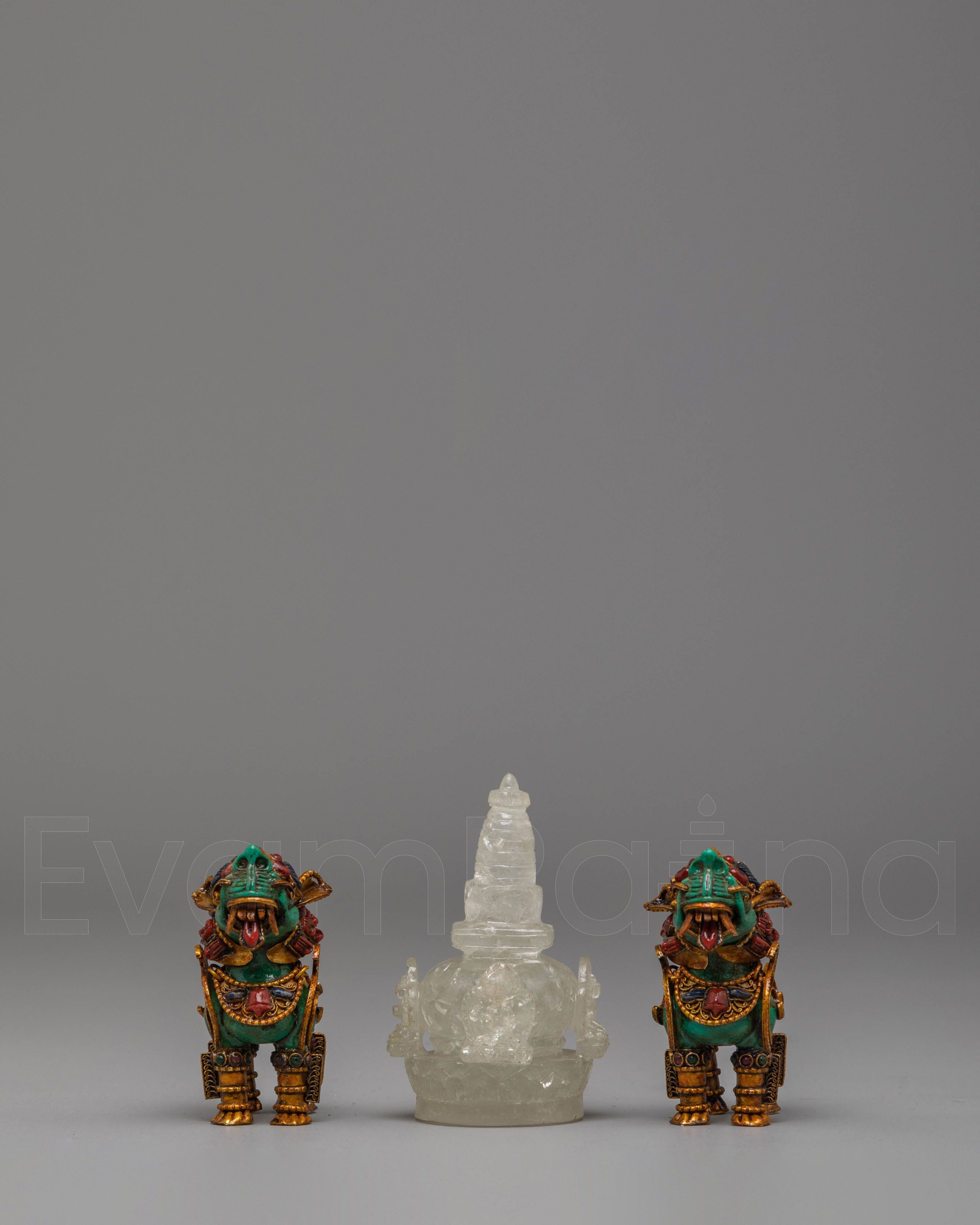 Himalayan Crystal Stupa and Guardian Lion Set | Electro Gold-Plated Ti