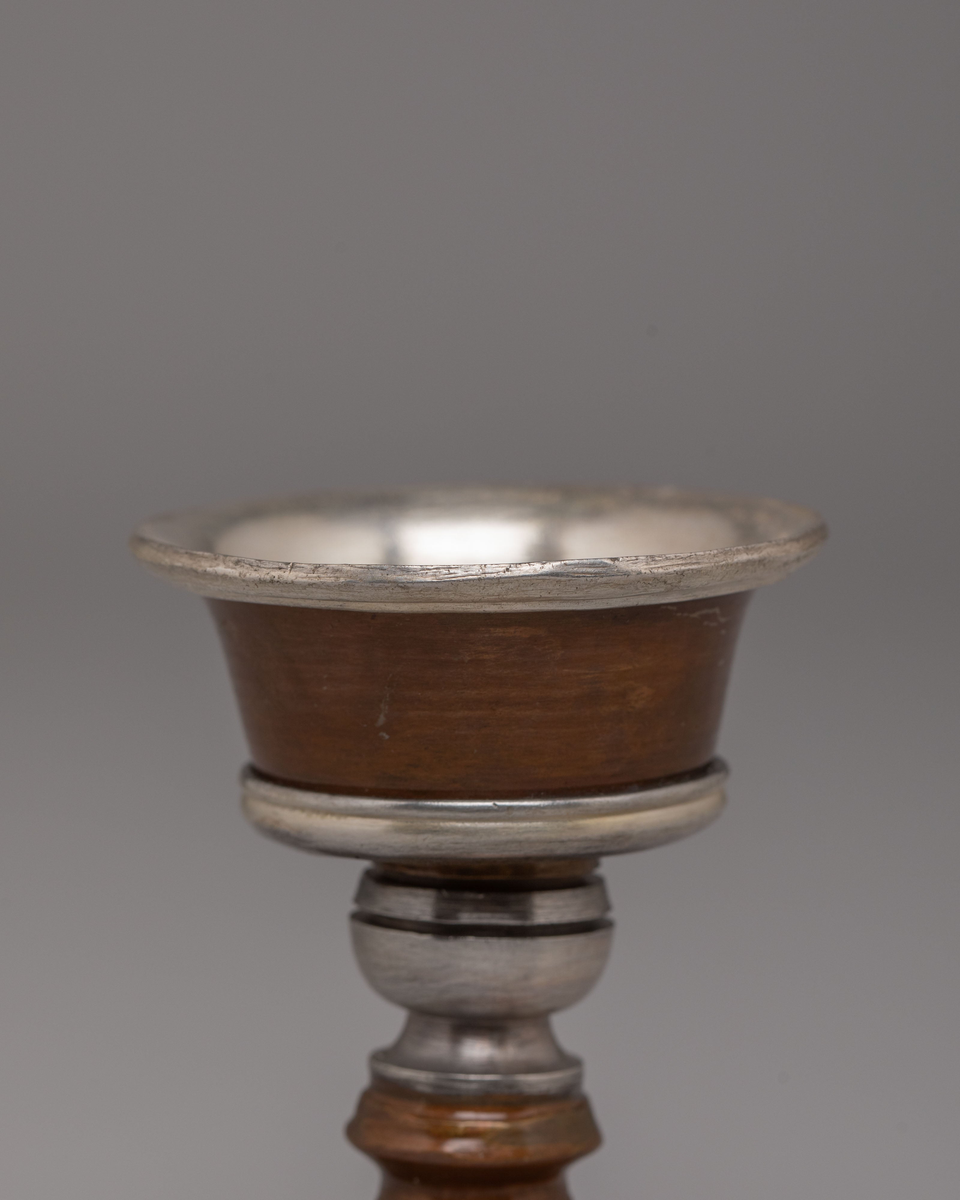 Handcrafted Oxidized Copper Butter Lamp for Offering with Silver Plati