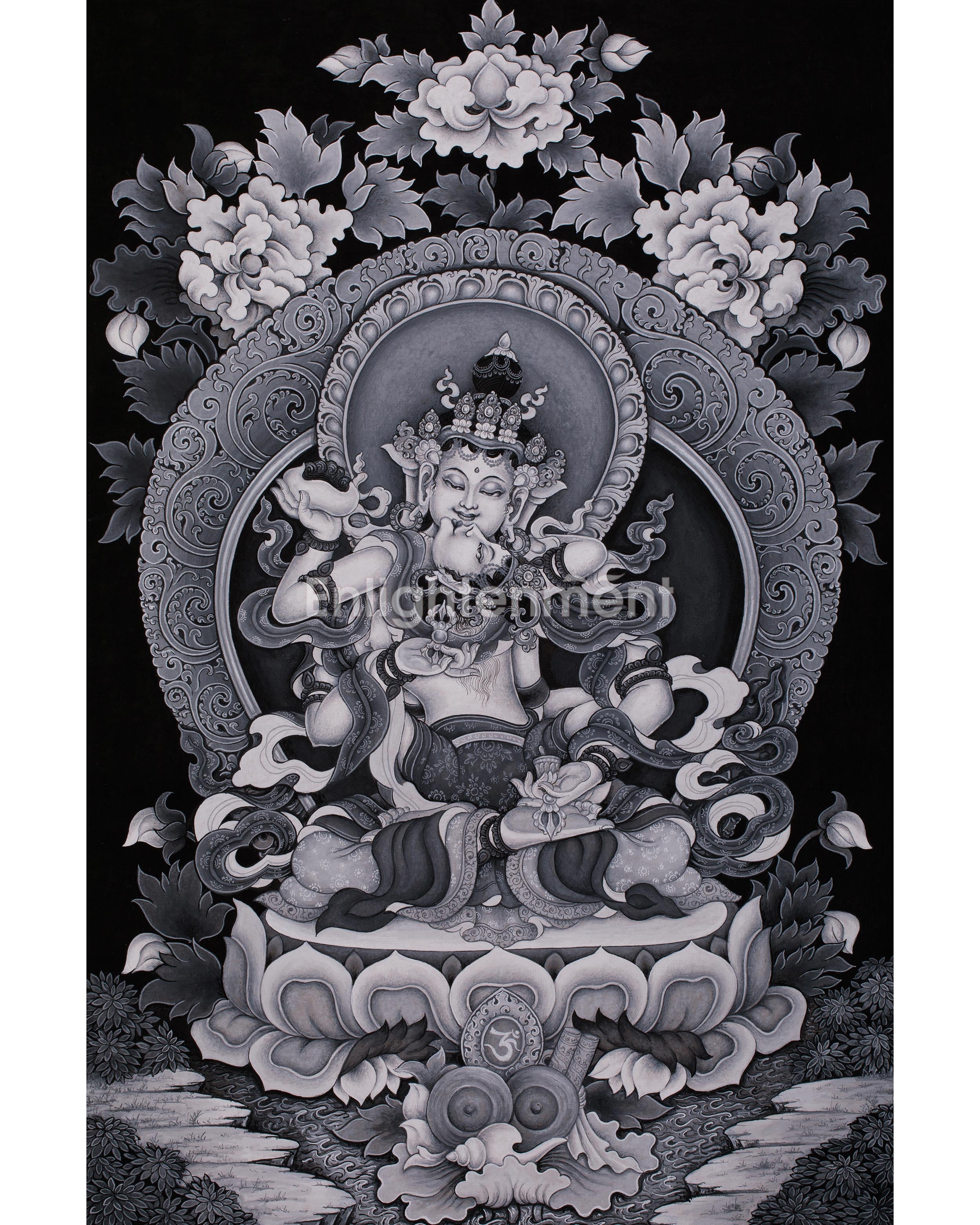 Black and White Vajrasattva Consort Painting | Traditional Paubha Arti