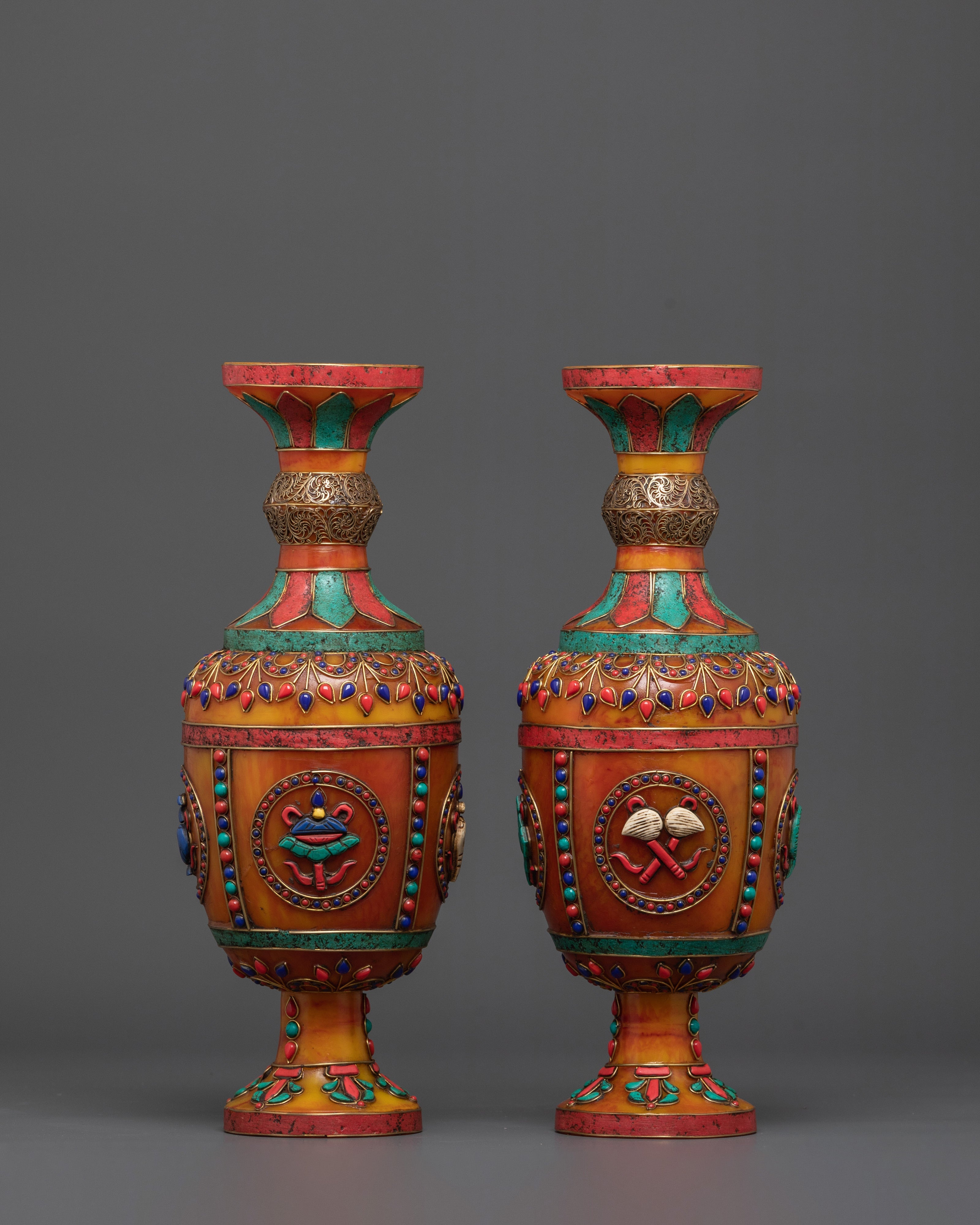 Buddhist Flower Vase Set for Decor | Coral, and Turquoise Stones