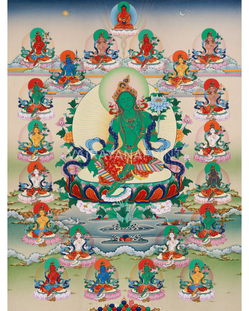 Twenty One Tara Thangka Print | Giclee Art on Canvas