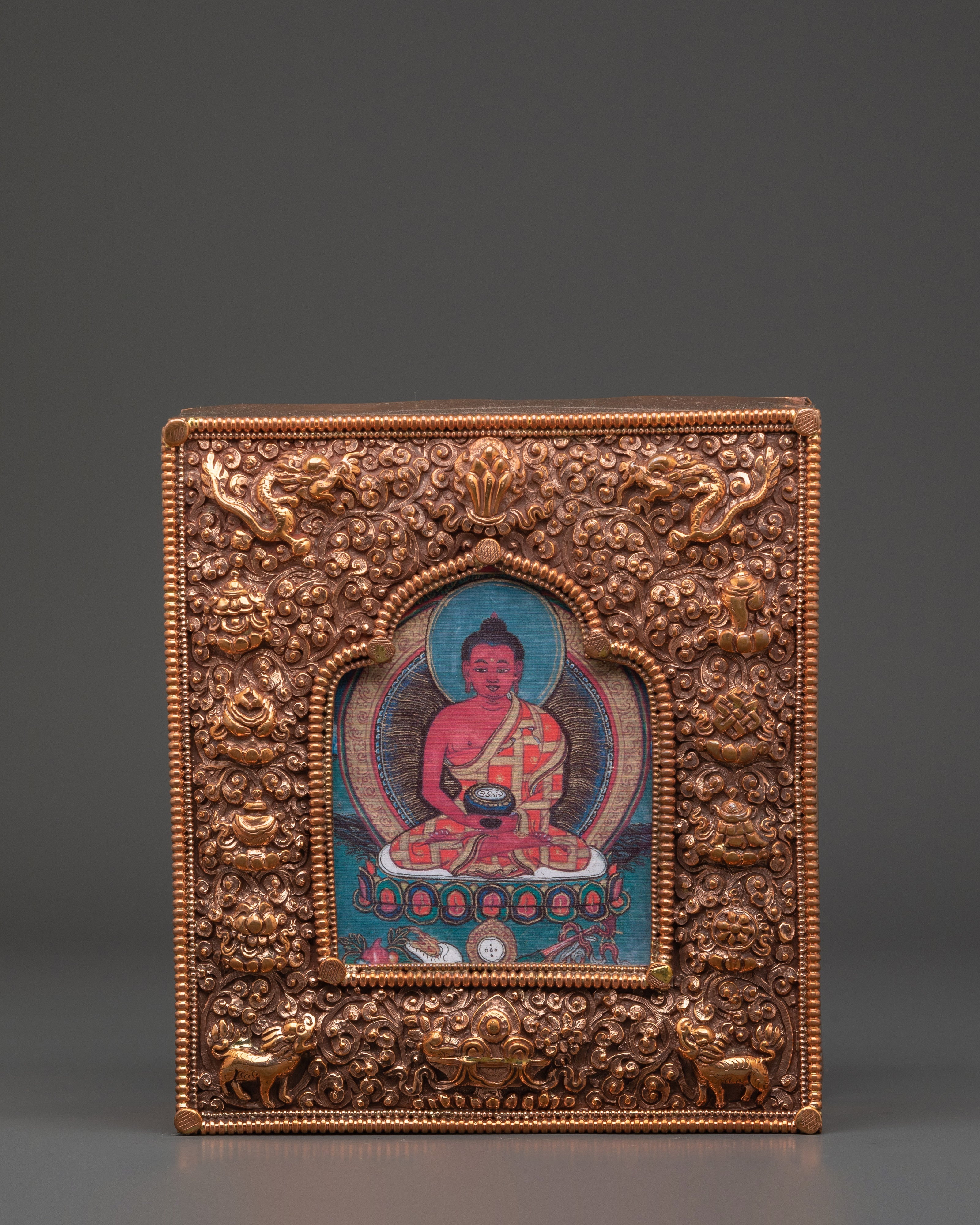 Copper Shakyamuni Buddha Ghau Box | Ritual Box for Sacred Artifacts
