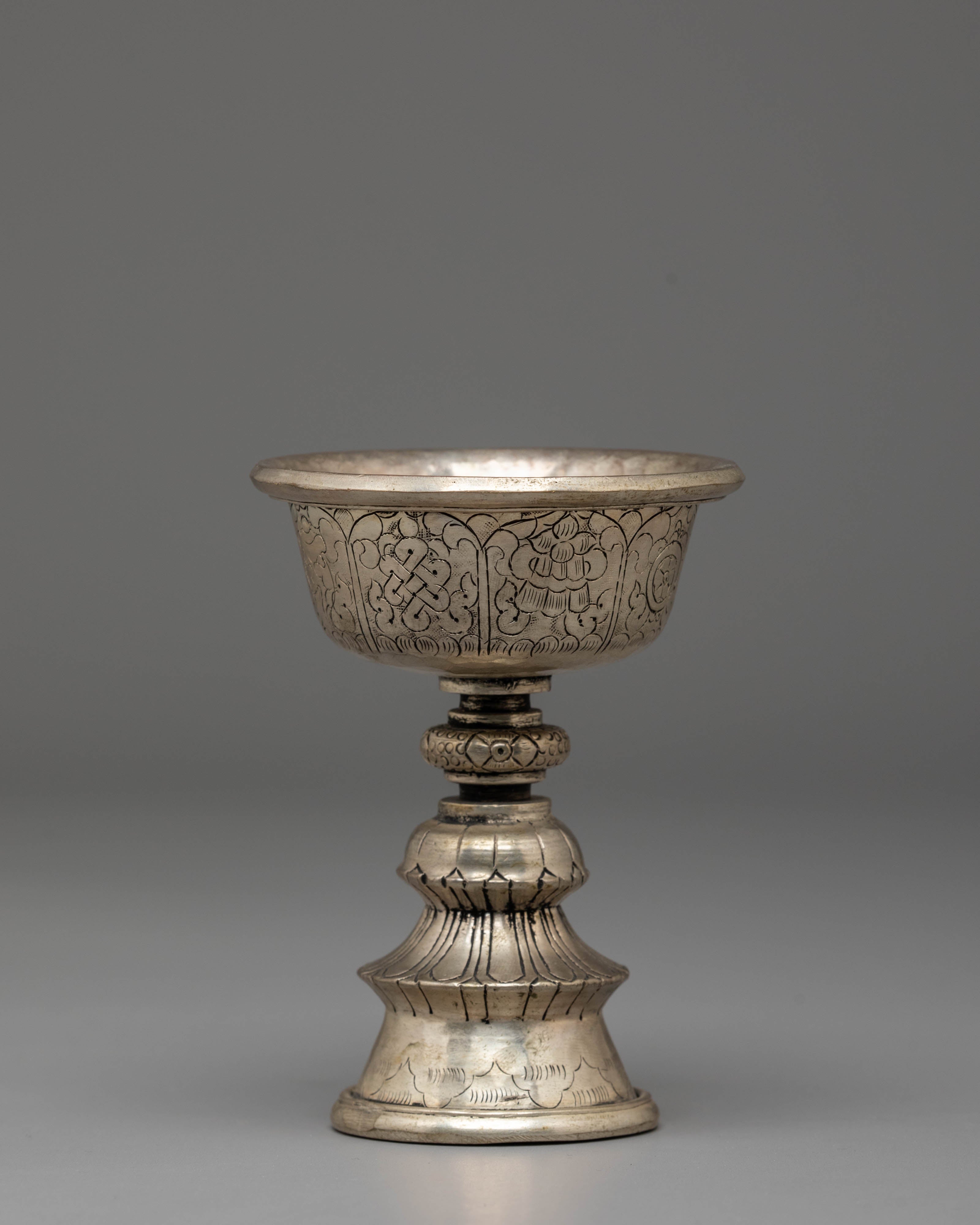 Handmade Buddhist Dharma Offering Lamp | Silver Plated Copper Ritual L