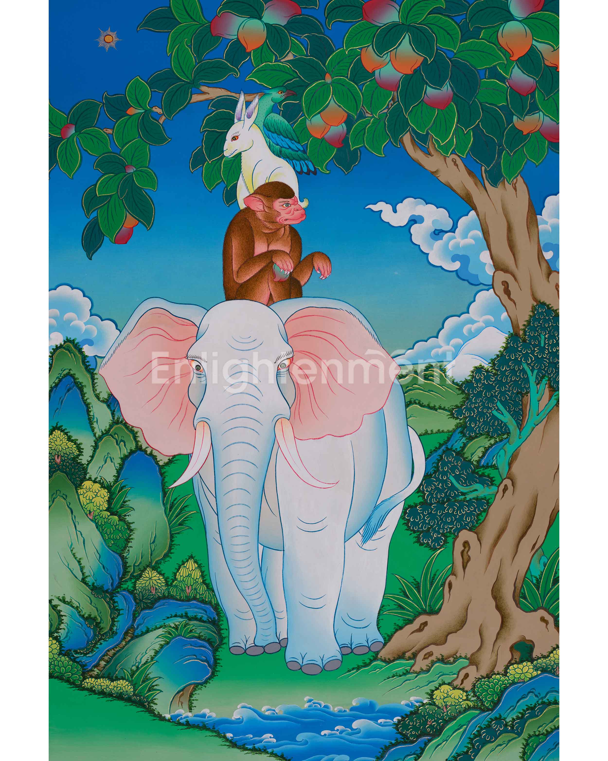 Original Hand-Painted 4 Harmonious Animals | Tibetan Art of Unity & Ba