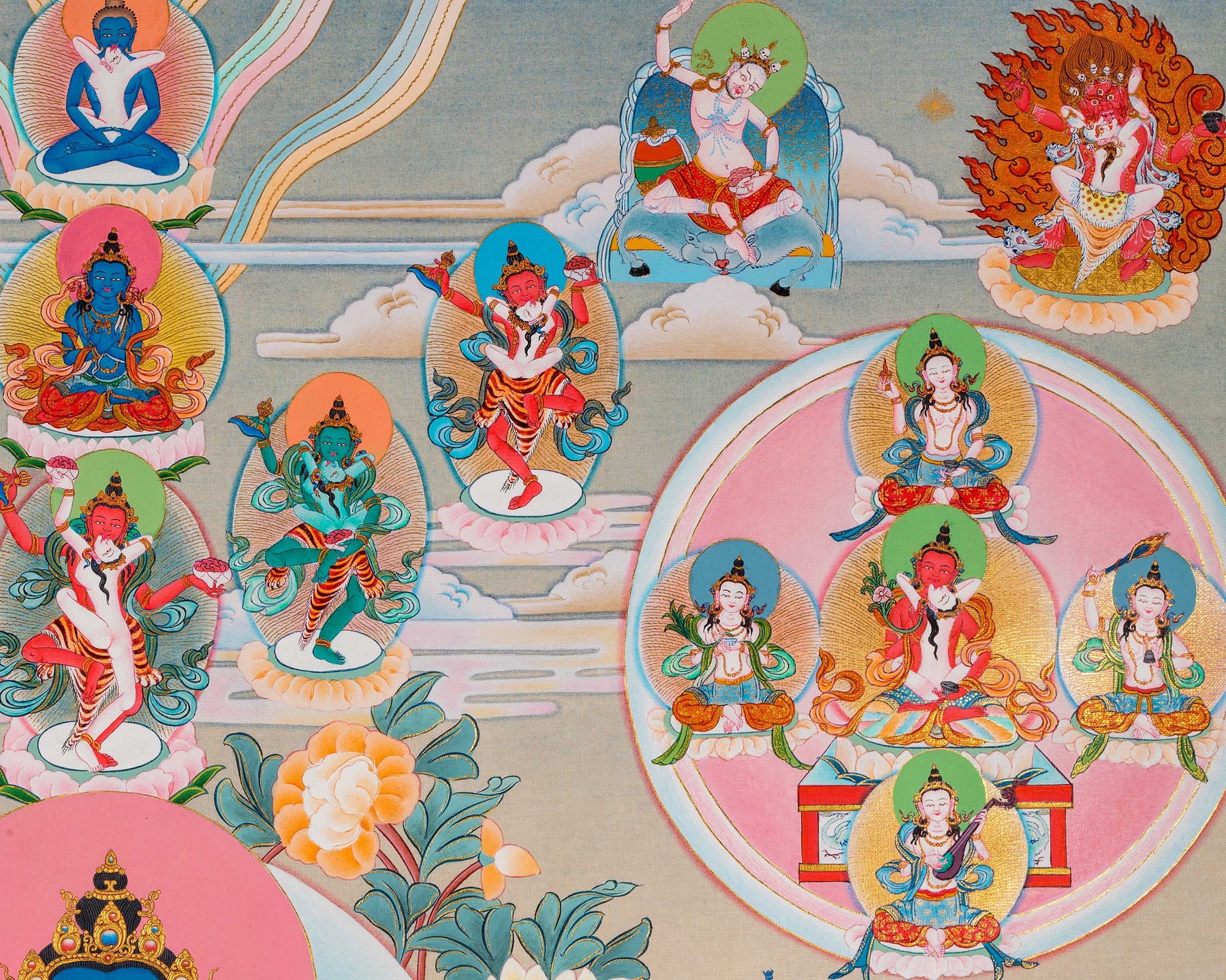 Bardo Thangka Print | Meditative Artwork of 42 Peaceful Deities | High