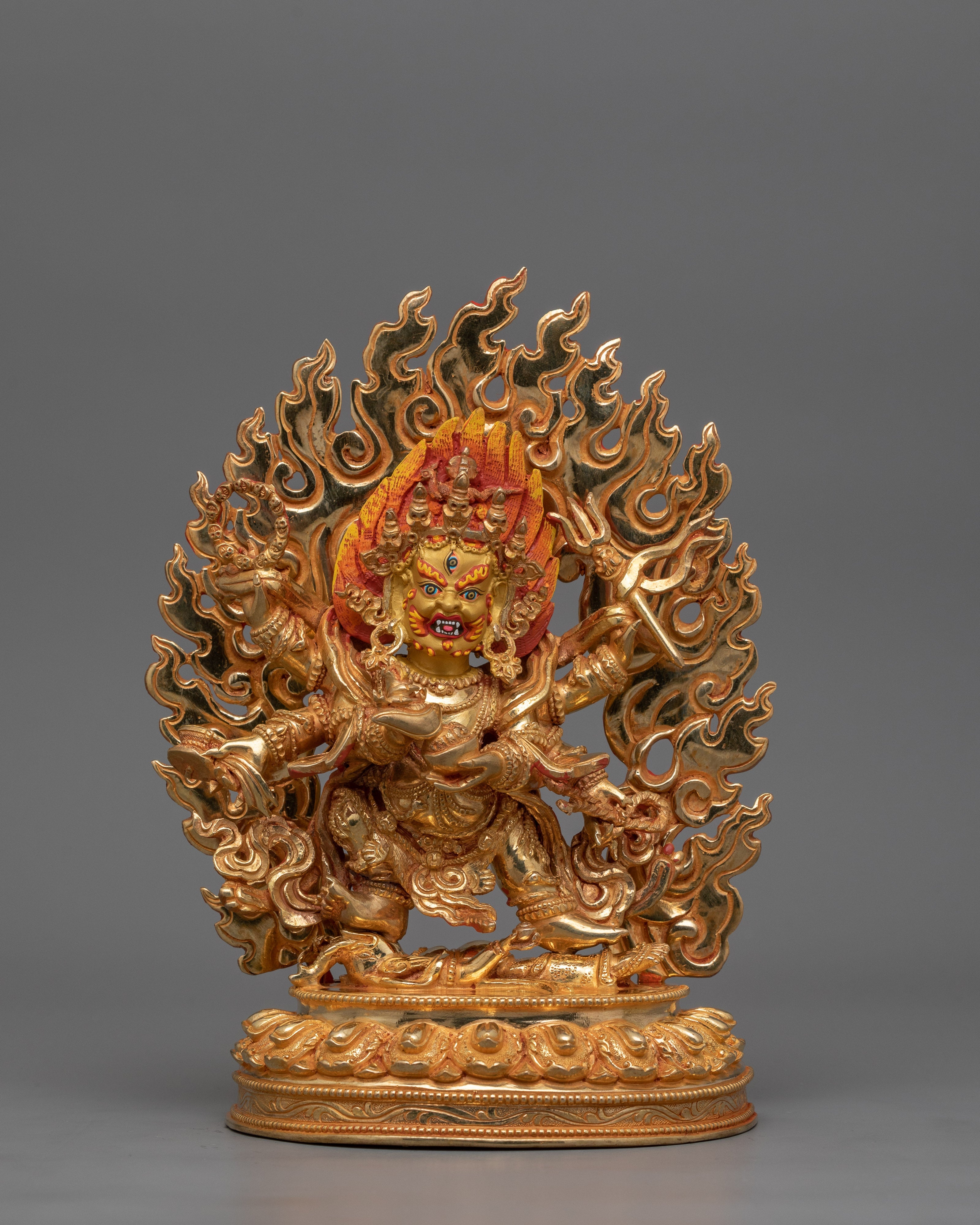 Dharma Protector Deity Six Armed Mahakala Statue | 24K Gold Gilded Art