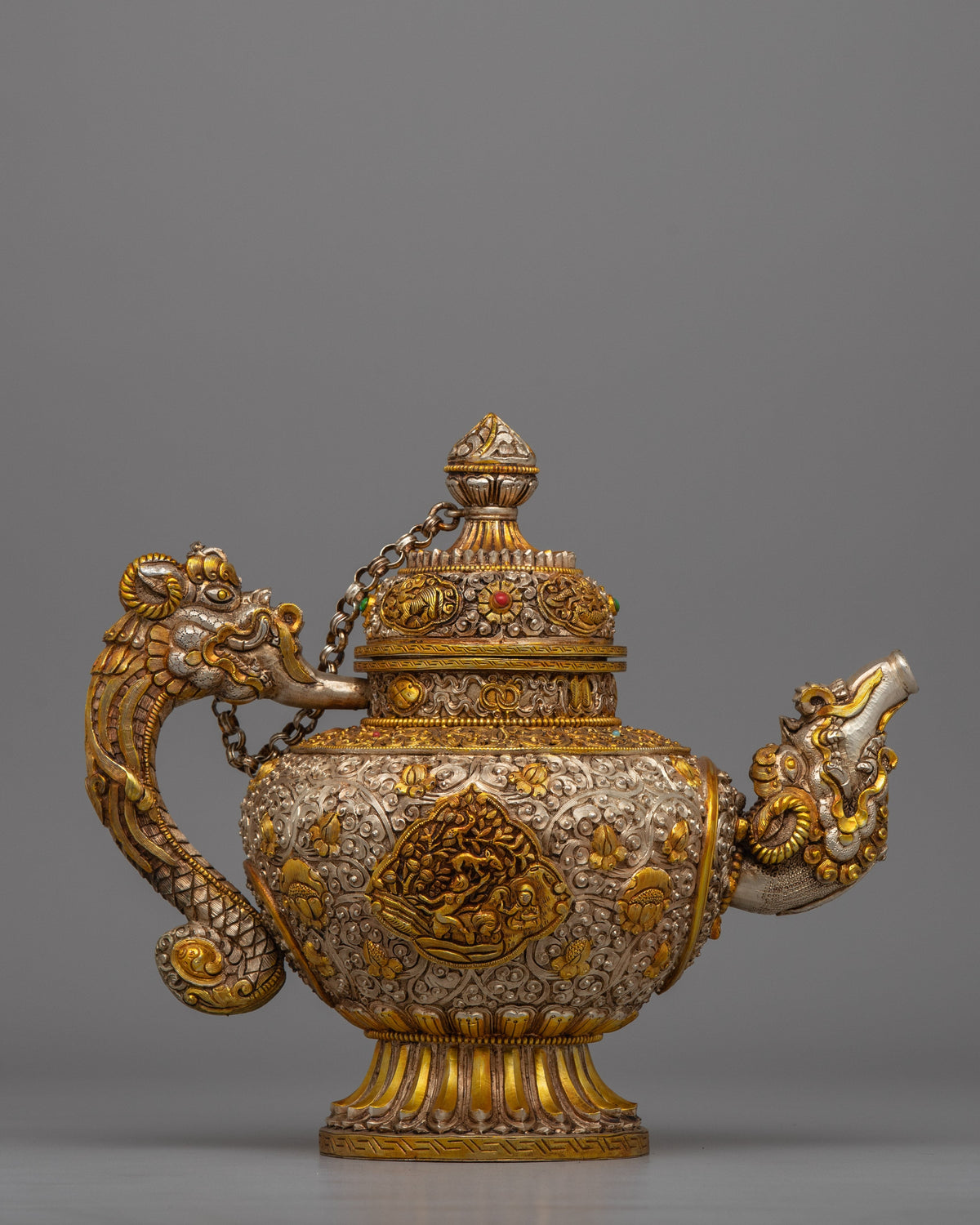 Handcrafted Tibetan Tea Pot with Gold & Silver Plating | Traditional B