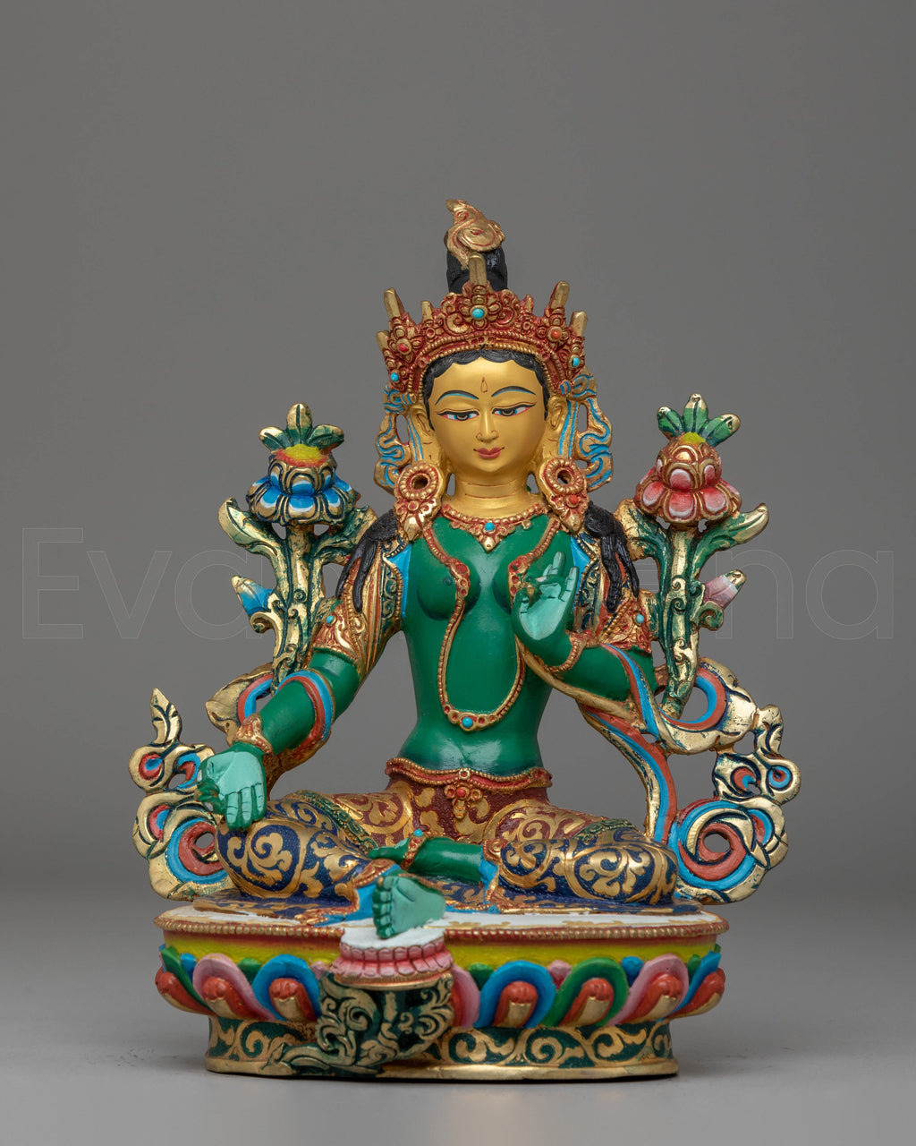 Shyama Tara Statue for Protection | Copper, Gold-Plated with Coral & T