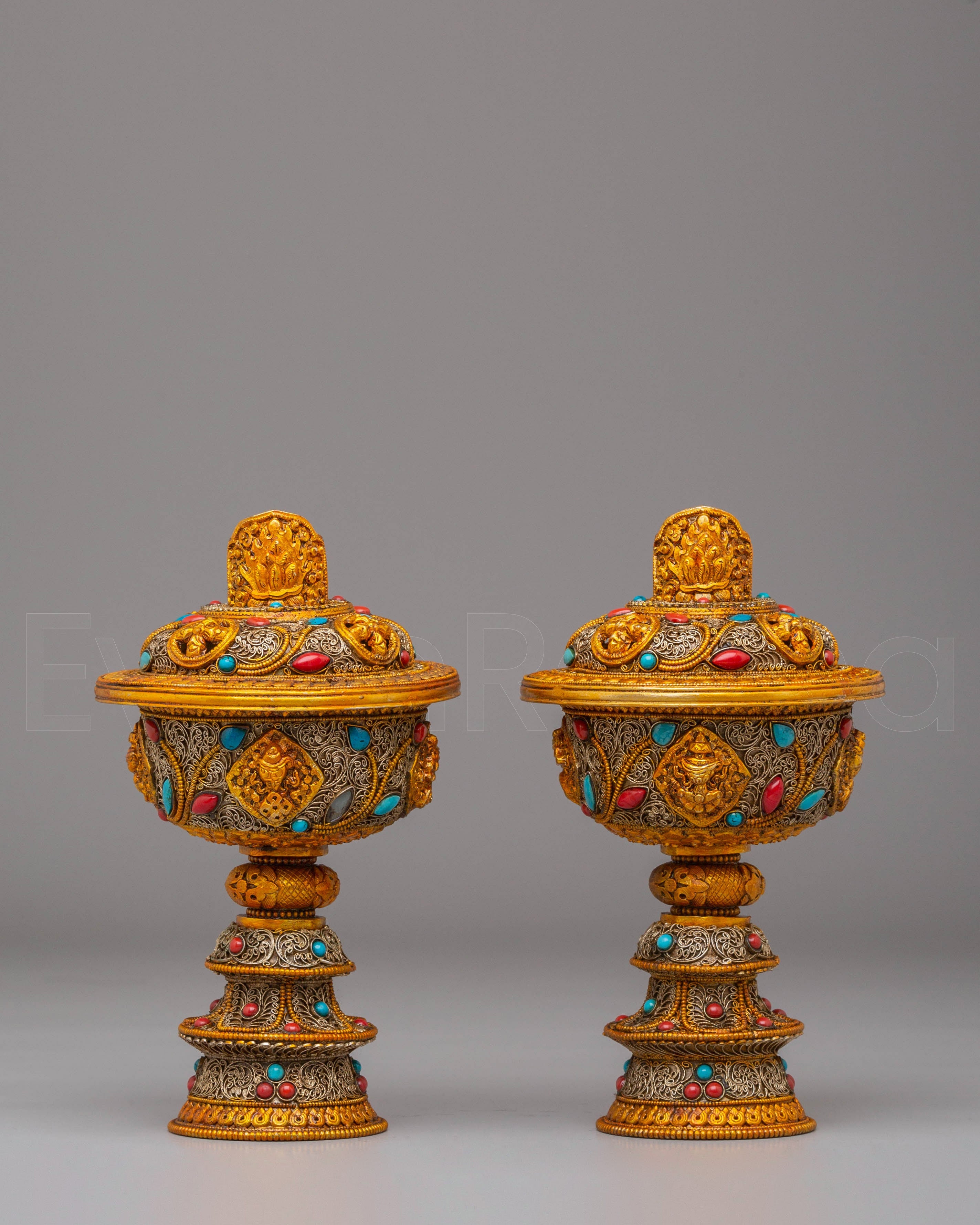 Electro Gold Plated Butter Lamp Set for Ritual Use | Tibetan Altar Decor