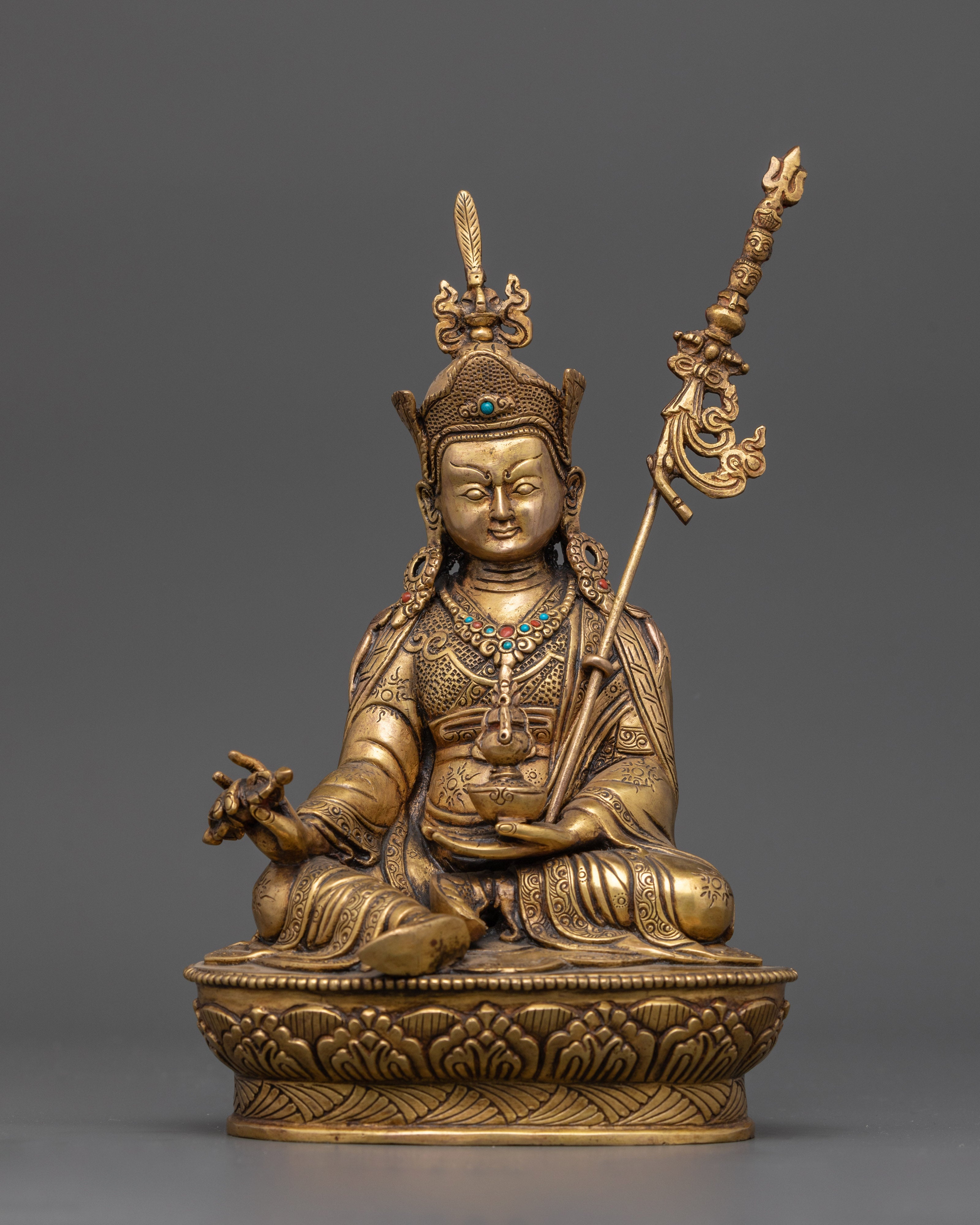 Asian-Made Guru Rinpoche Statue | 24K Gold Gilded Copper Sculpture