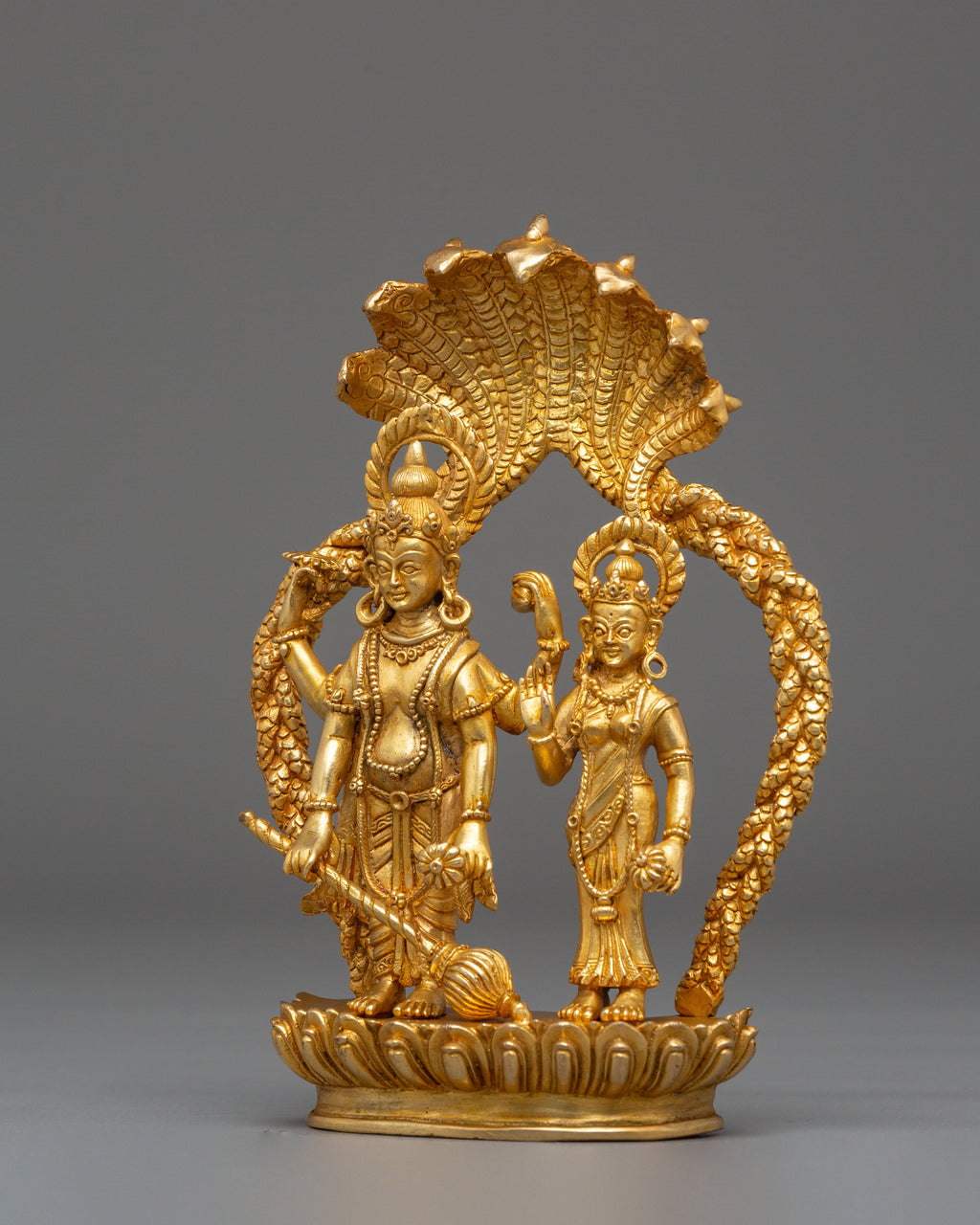Bishnu and Laxmi Statue | Gold-Plated Copper Hindu Deity Art