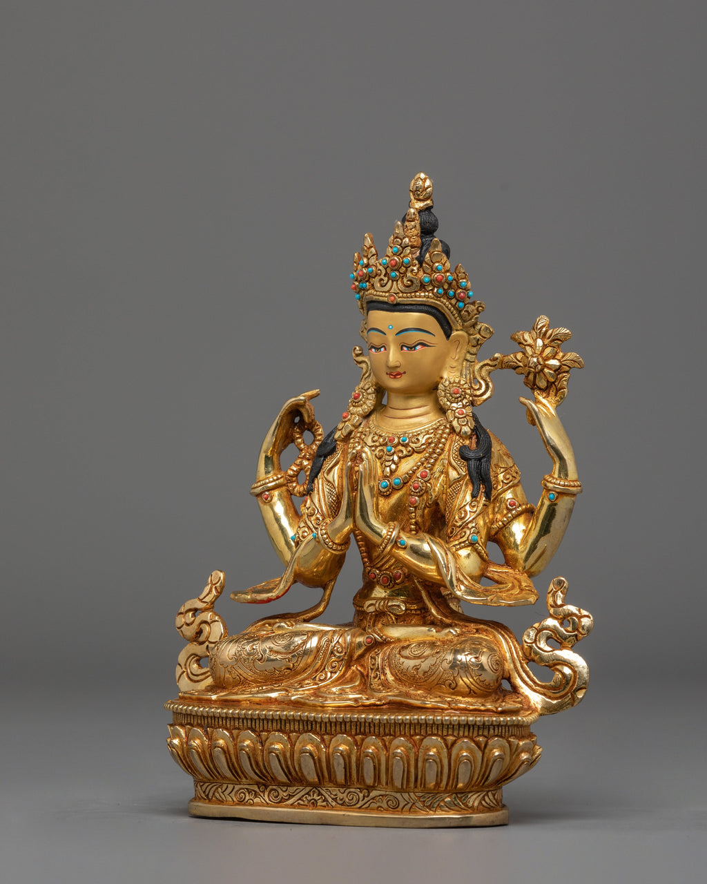 Handmade Golden Chenrezig Statue of Compassion | Bodhisattva Icon