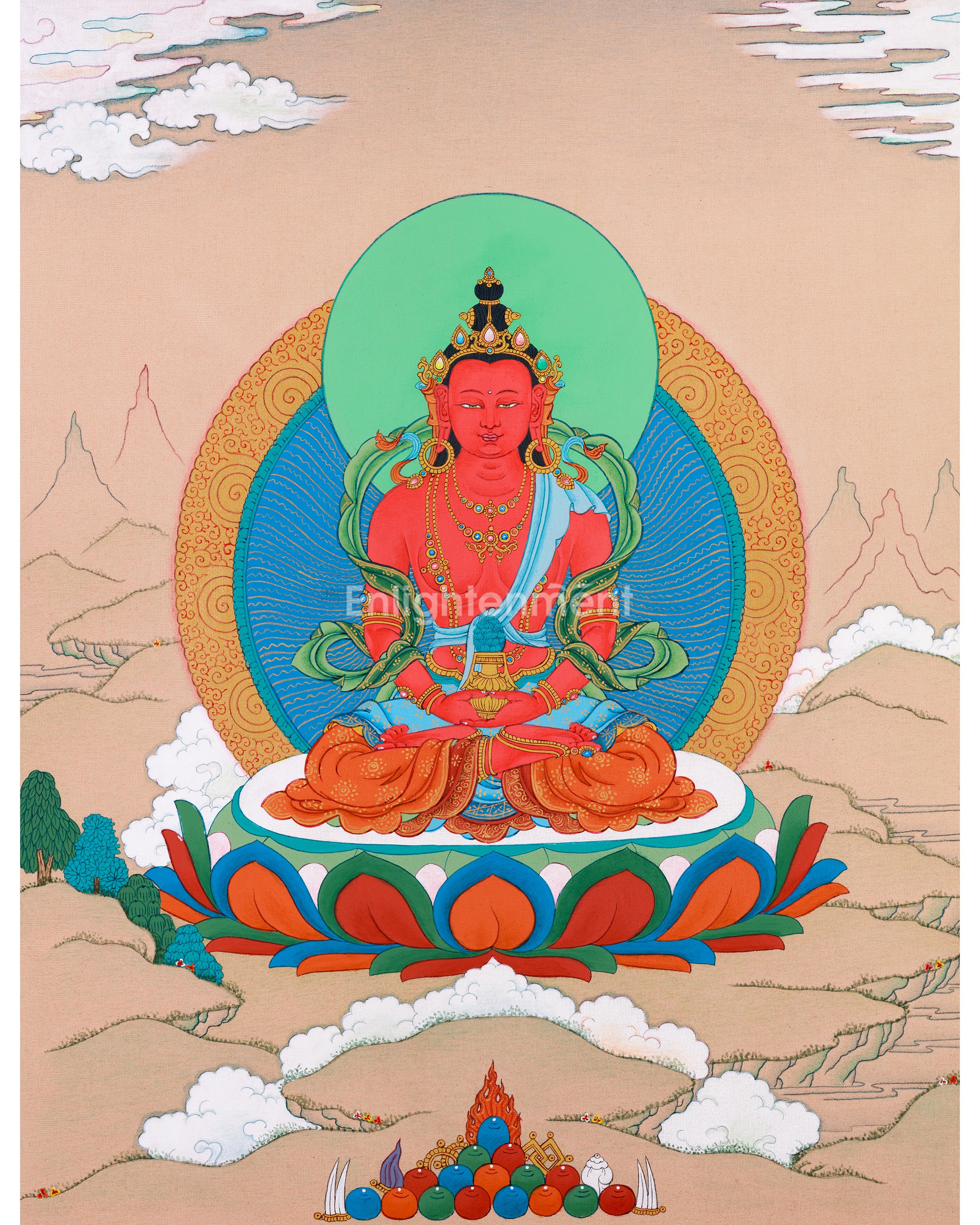 Red Buddha Amitayus Thangka | Embodiment of Immortality and Wisdom