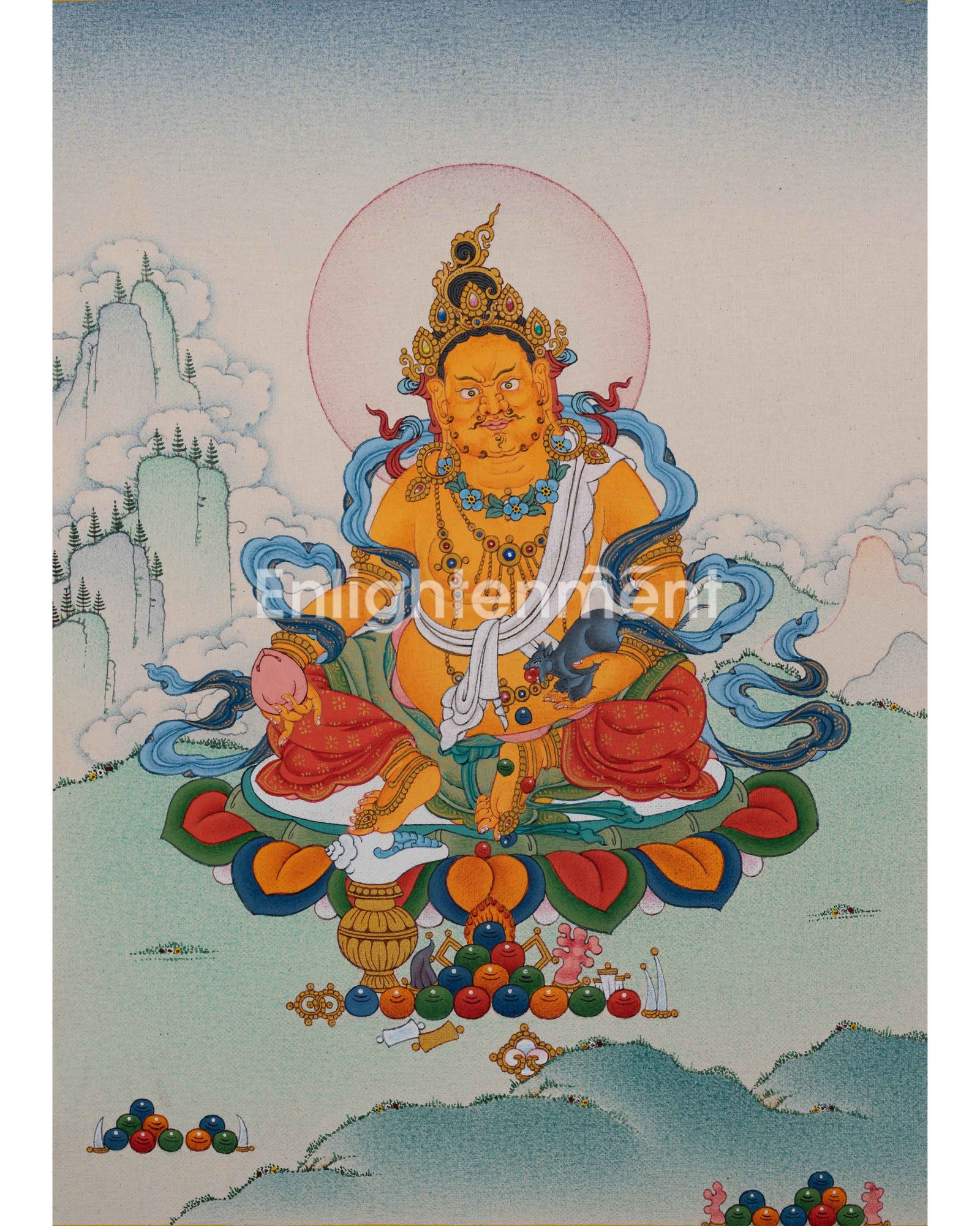 Yellow Dzambhala Thangka - Beacon of Wealth and Fertility