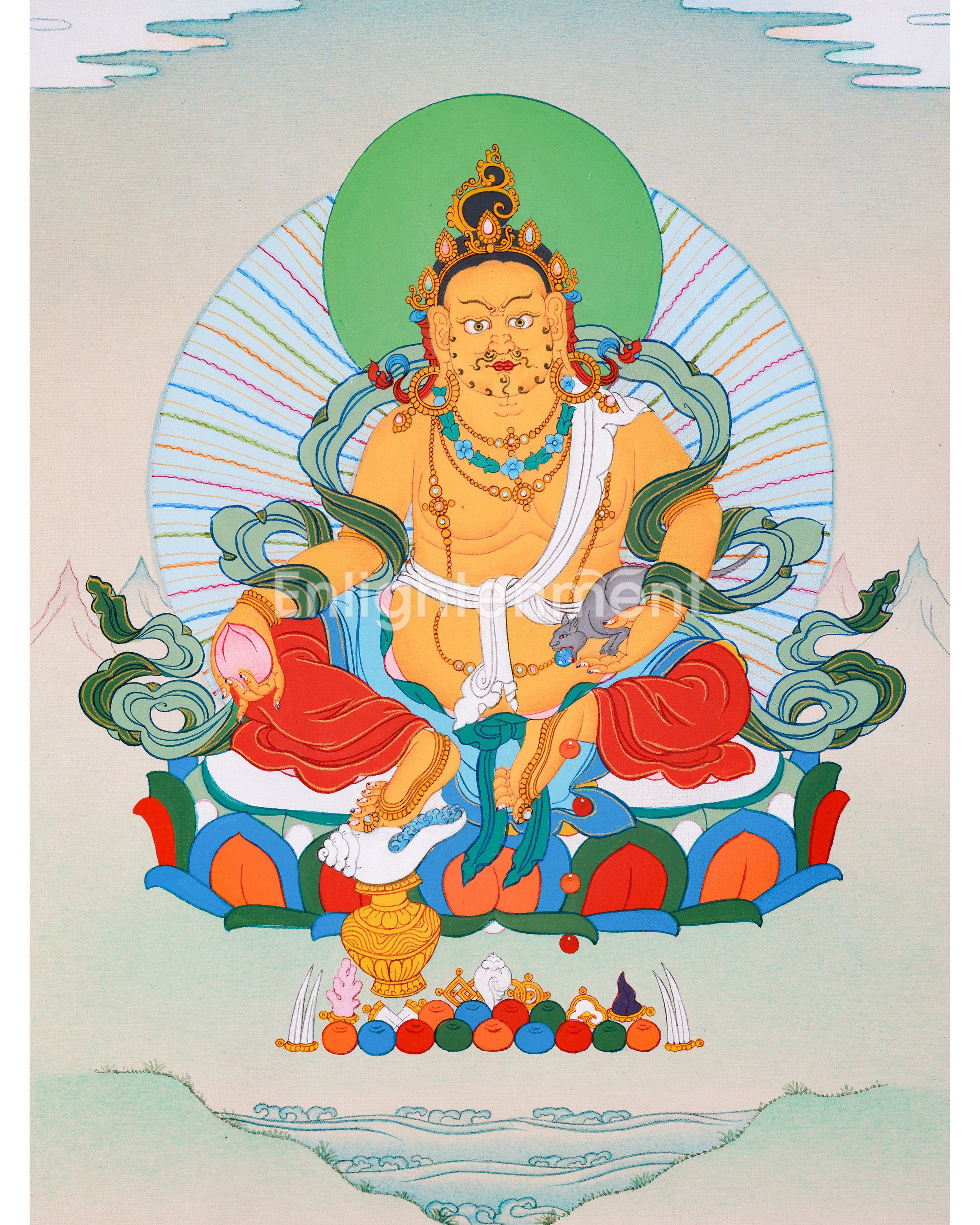 Traditional Yellow Dzambhala Thangka | Wealth Deity Artwork