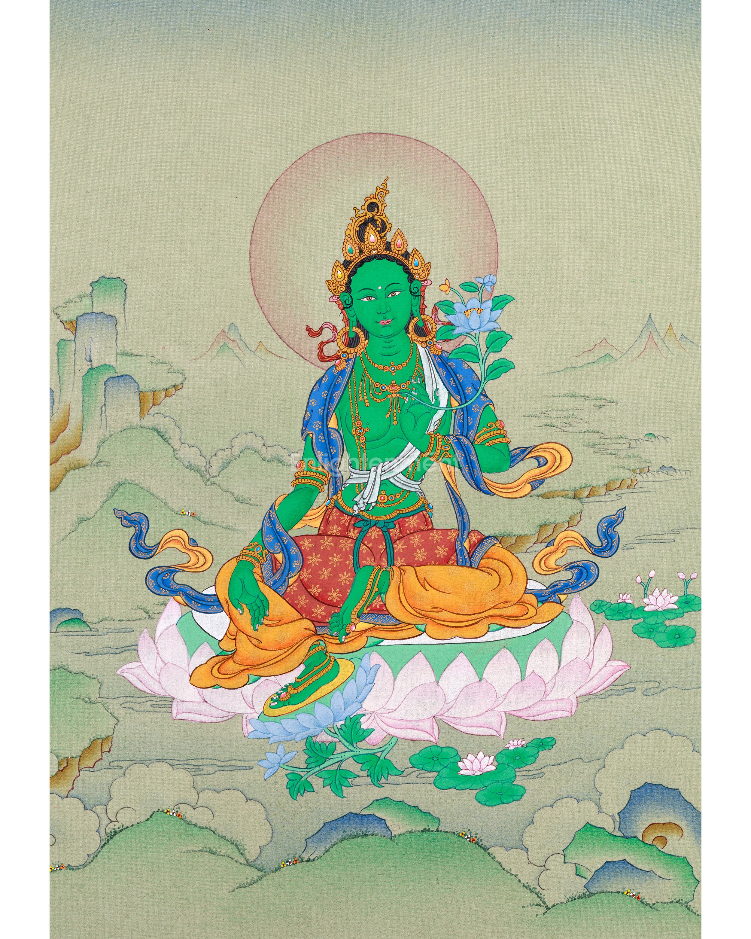 Tibetan Art of Small Green Tara on Cotton Canvas