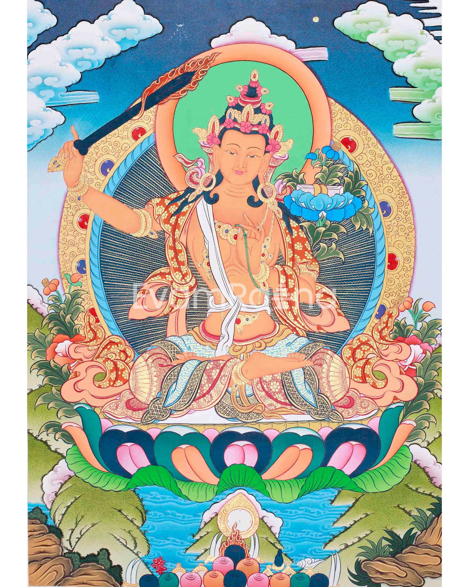 Original Hand-Painted Manjushri Thangka | Manjushree Bodhisattva of Wi