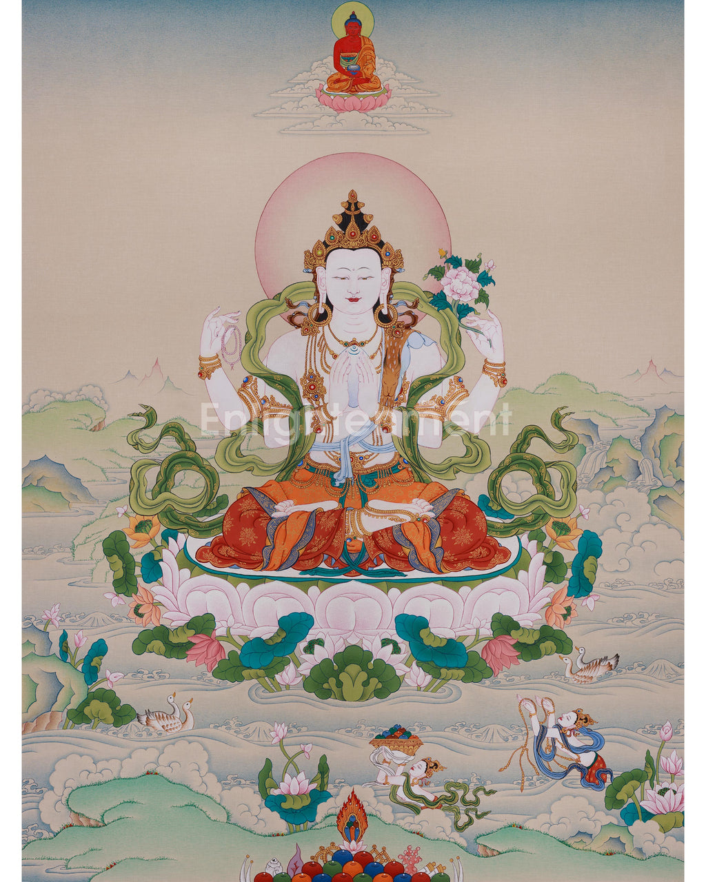 Sacred Thangka Of Four-Armed Chenrezig | Avalokiteshvara Art | Meditat