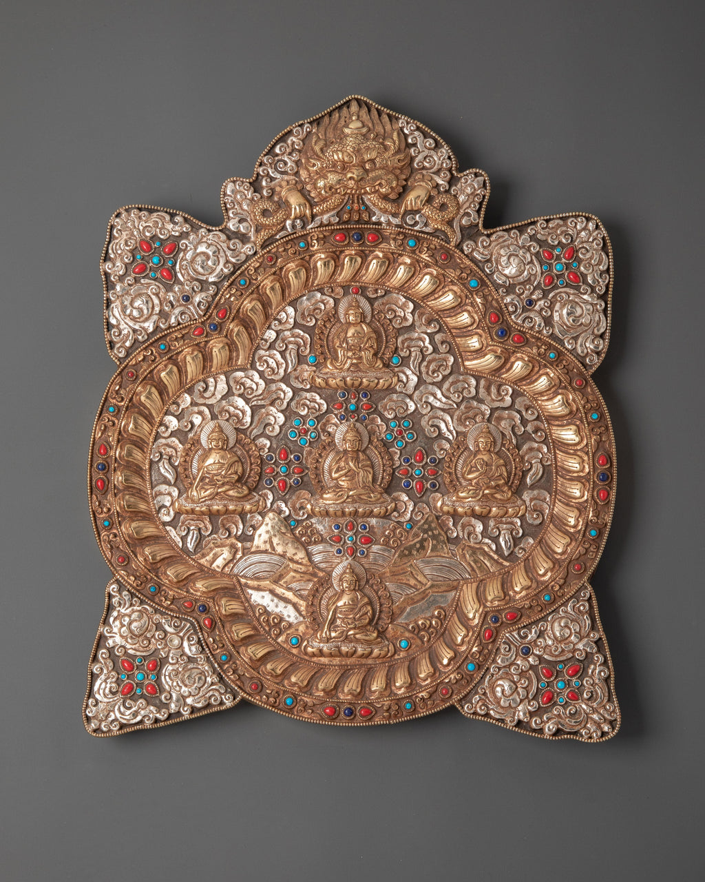 Handcrafted Five Buddha Wall Hanging | Spiritual Art for Meditation & Altar