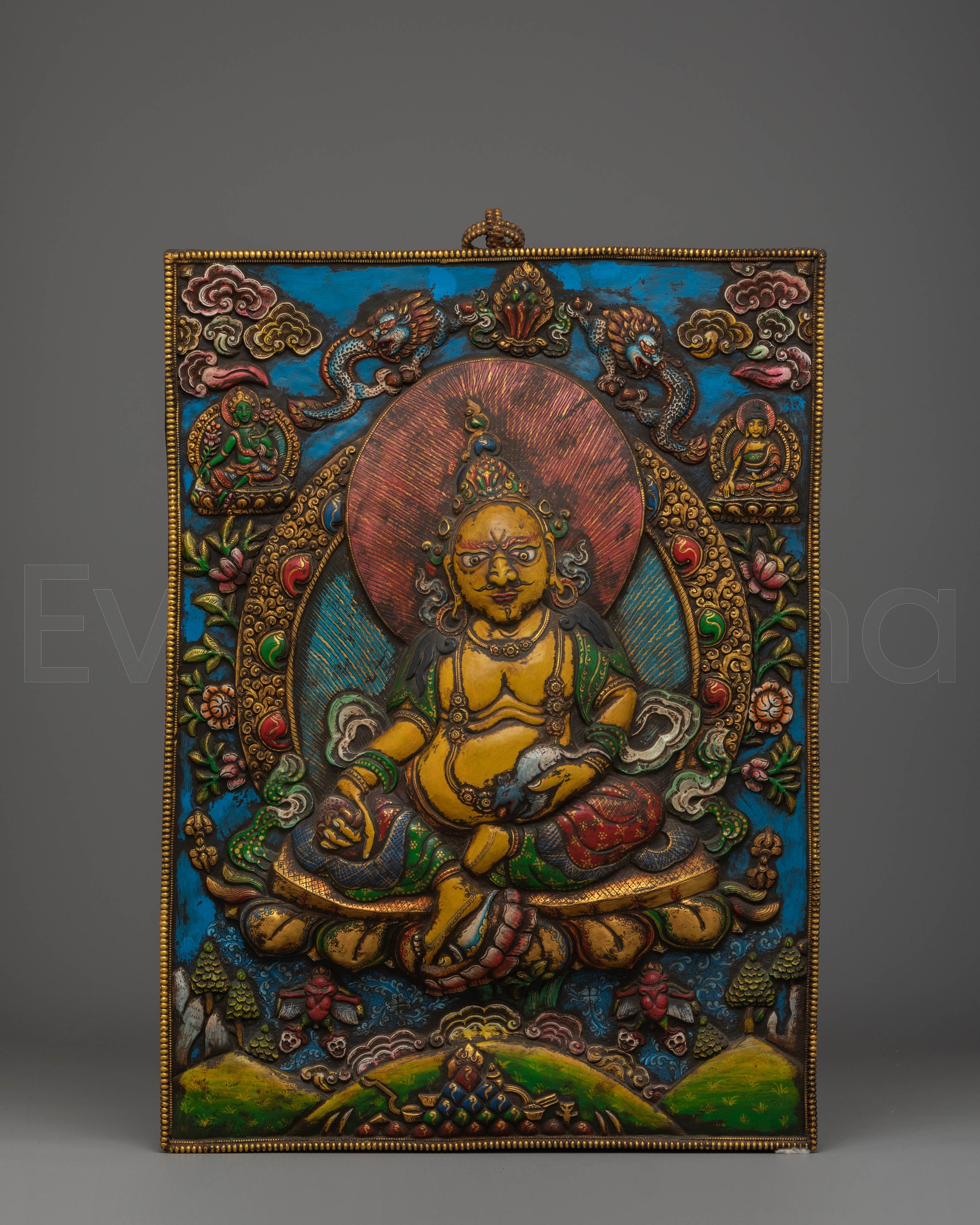 Sacred Yellow Dzambhala Wall Hanging | Tibetan Copper Art for Prosperi