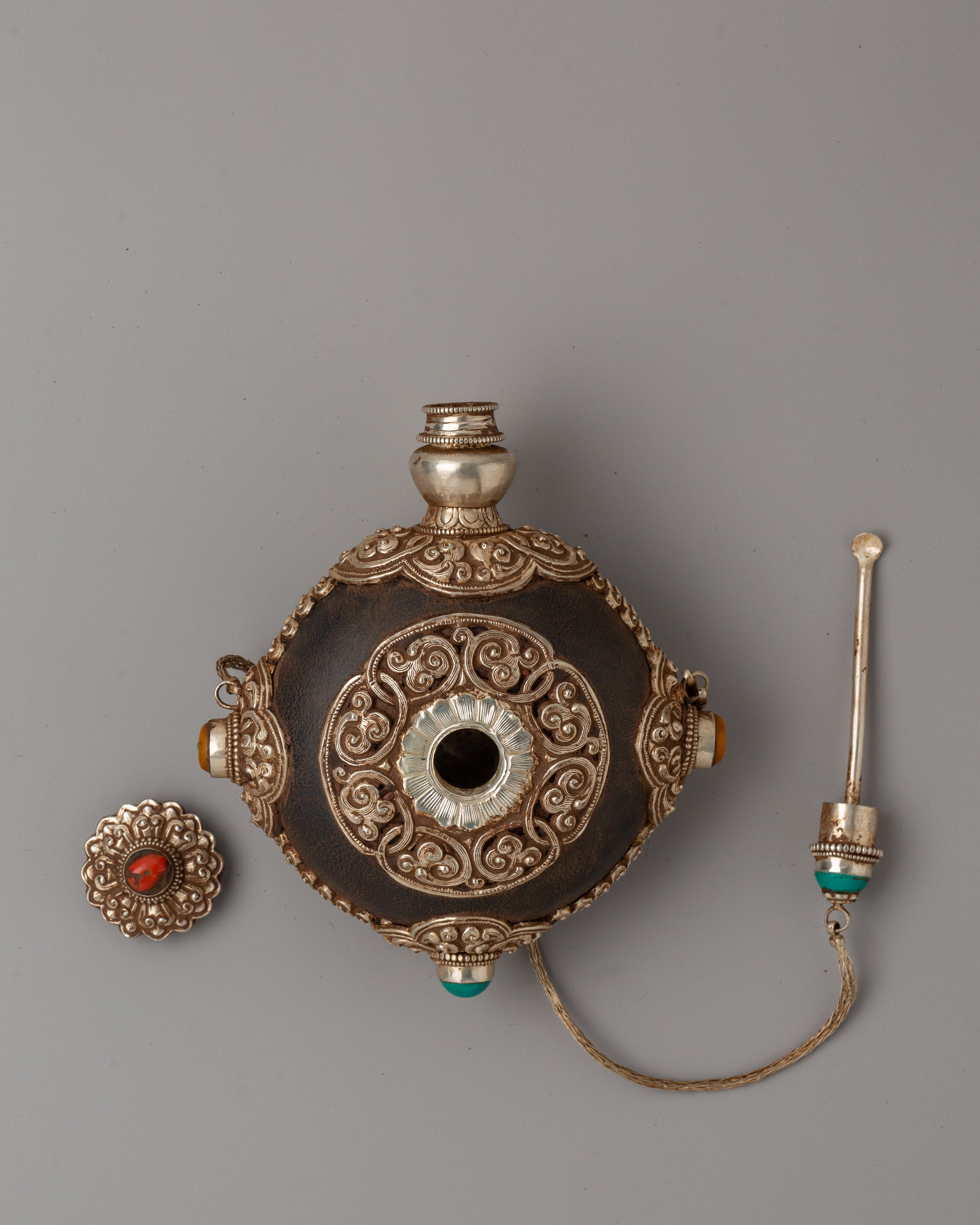 Tibetan Snuff Pot with Turquoise Inlay | Ritual Container for Spiritua