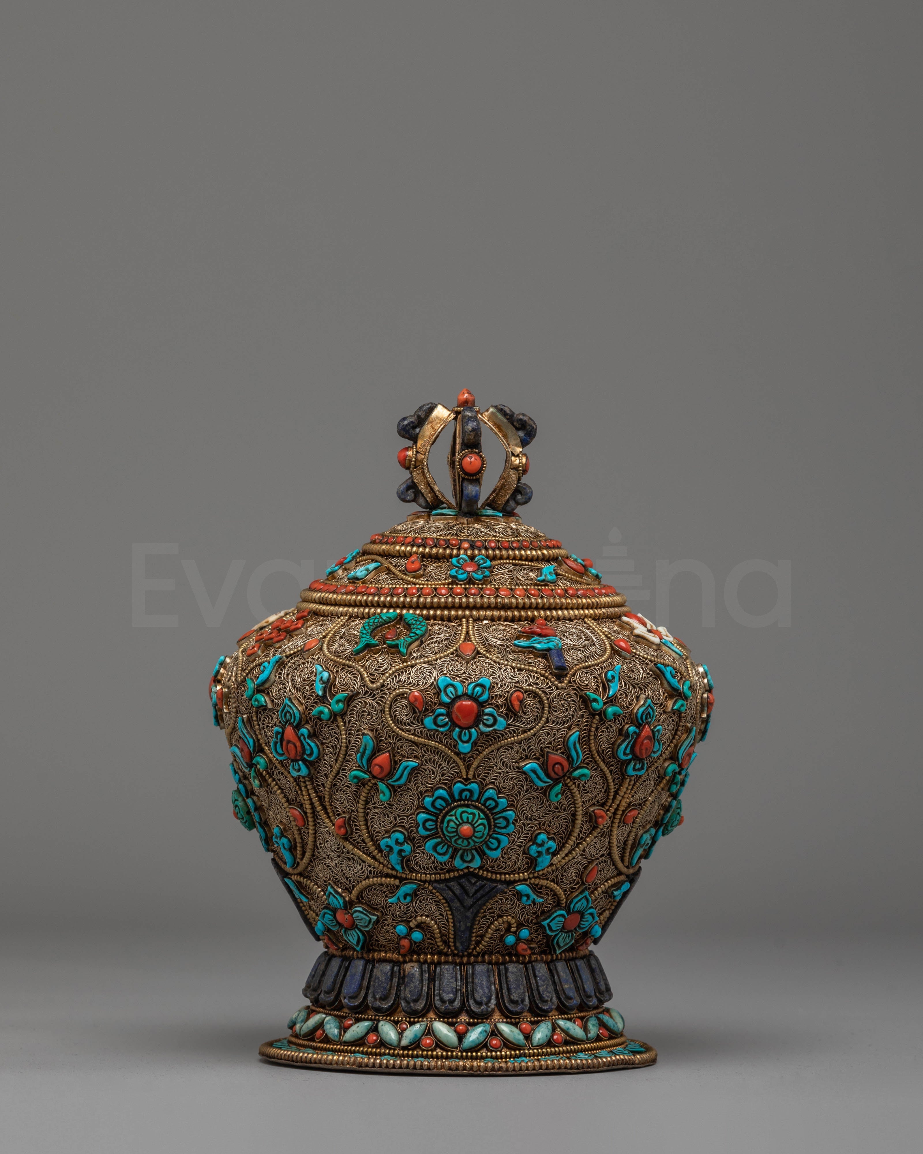 Buddhist Ritual Rice Offering Pot | Copper & Silver Plated with Gemsto