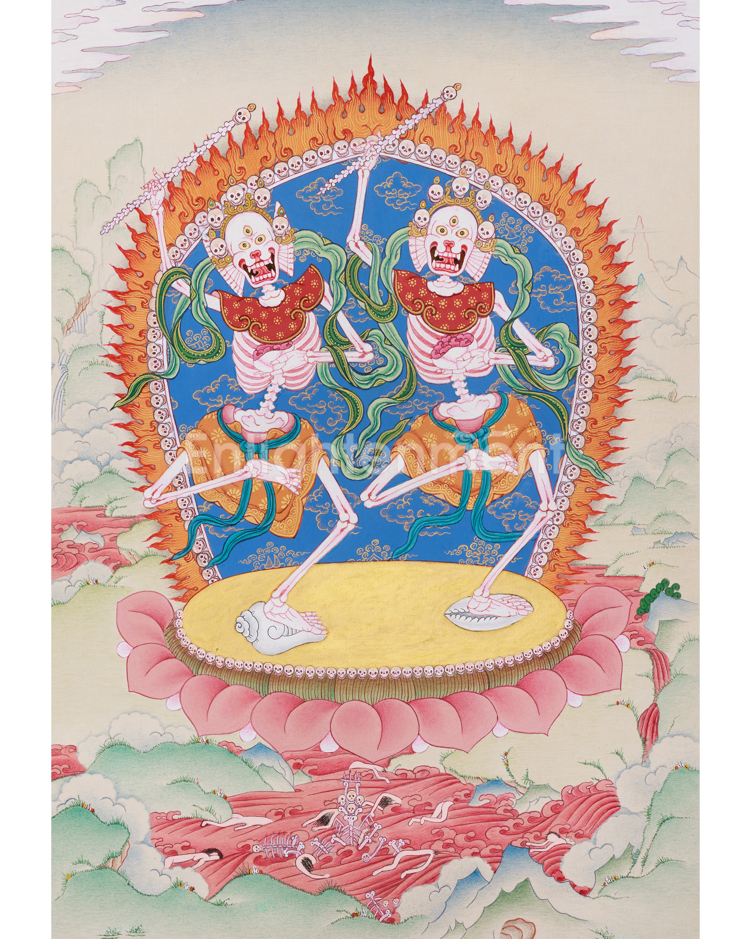 Original Chitipati Thangka | The Dancing Skeletons | Tibetan Buddhism