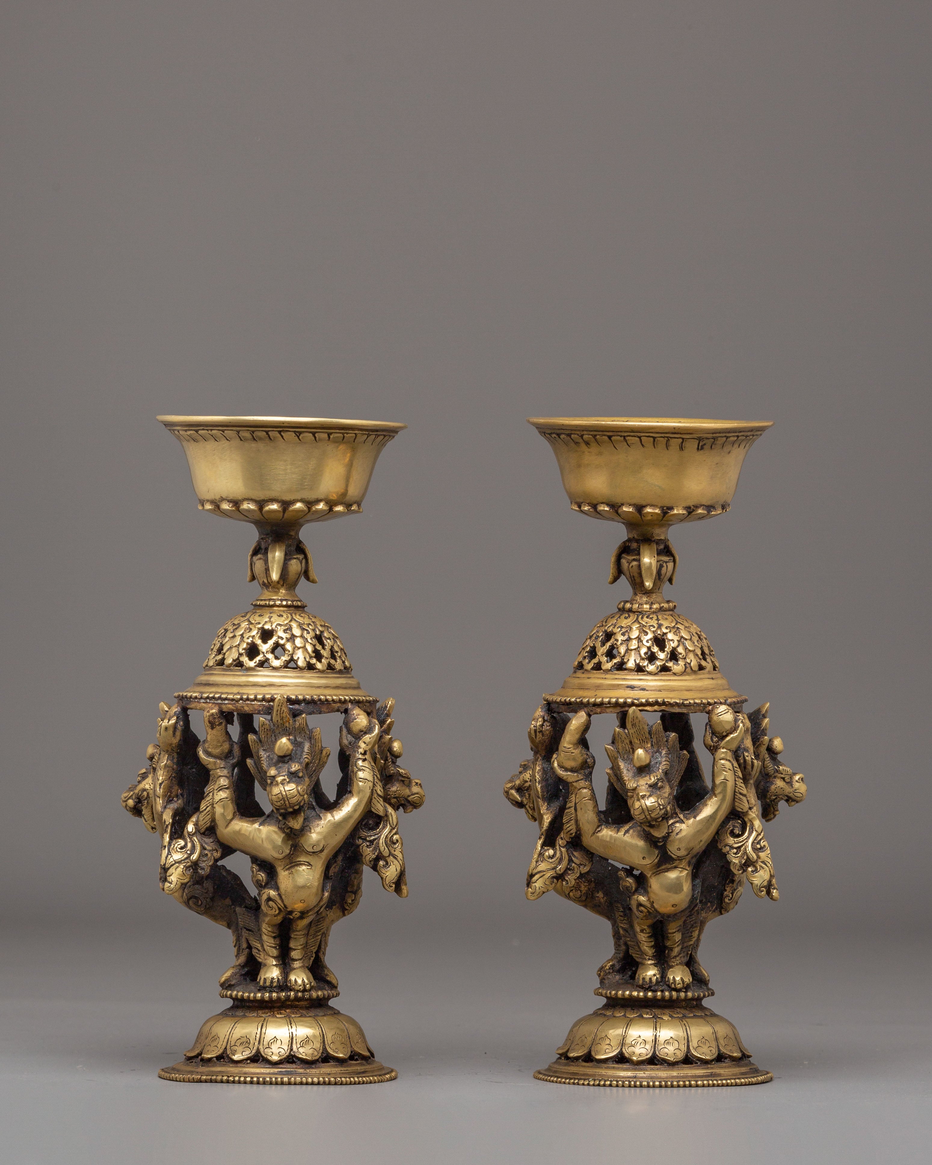 Handcrafted Brass Oil Lamp Set for Offering | Tibetan Ritual Lamps