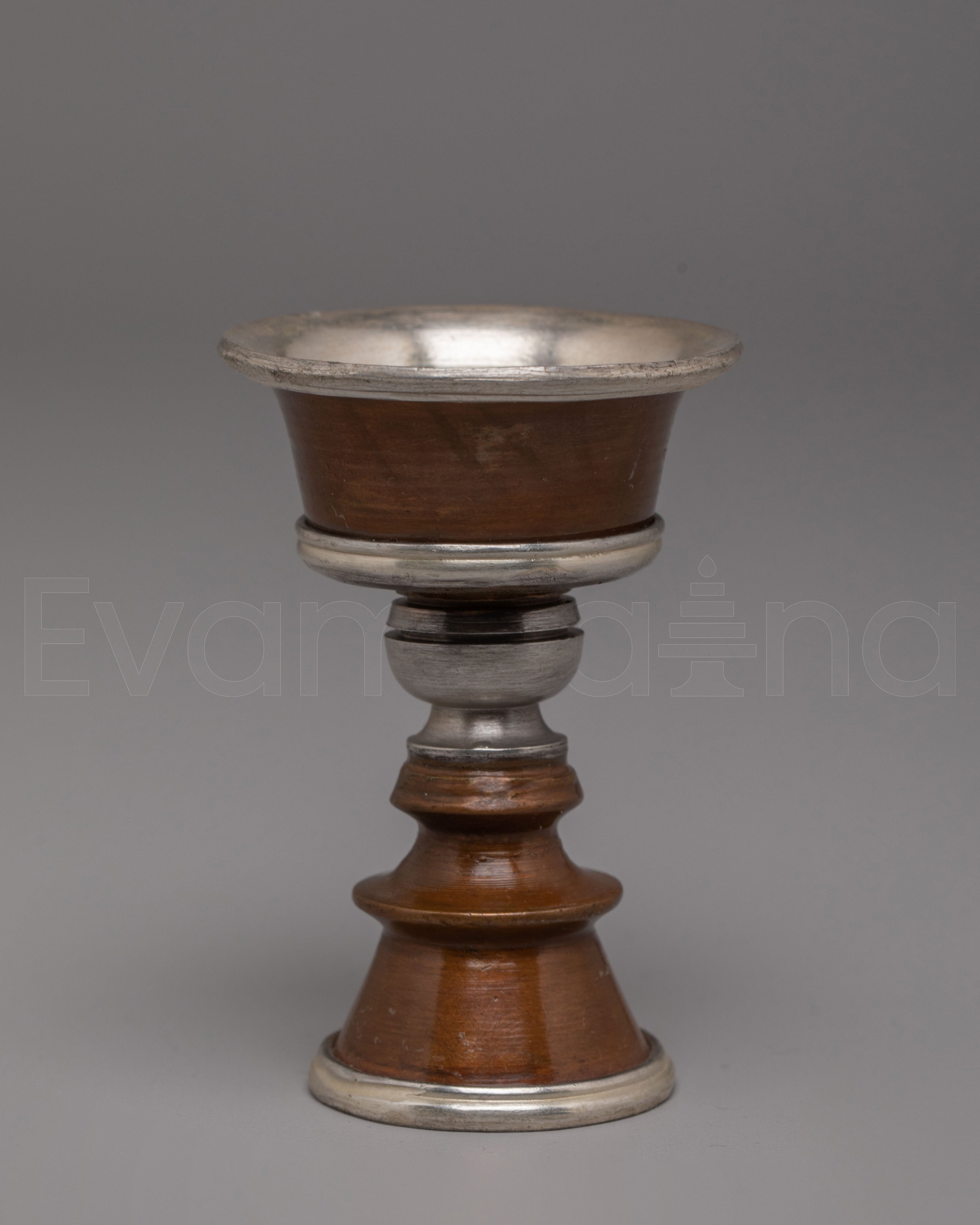 Handcrafted Oxidized Copper Butter Lamp for Offering with Silver Plati