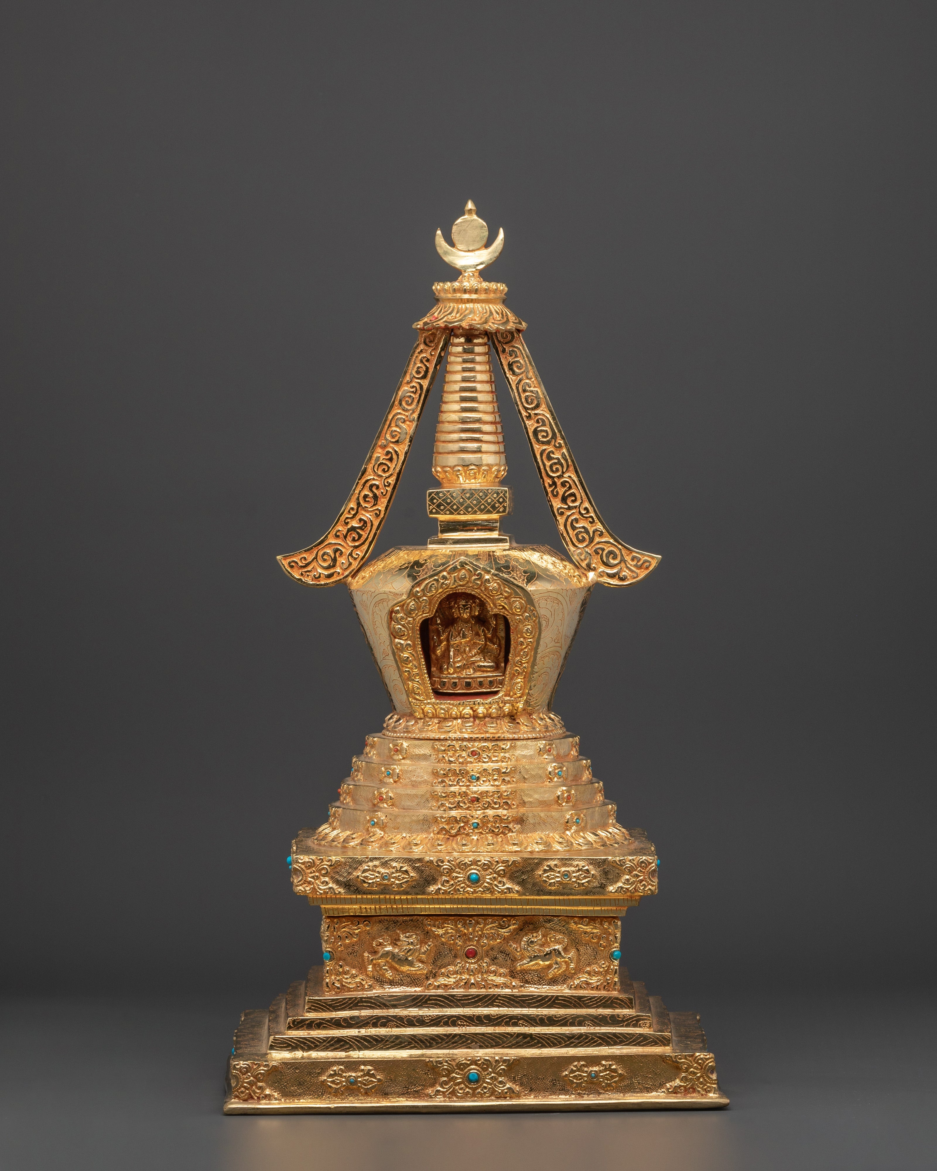 Tibetan Buddhist Stupa Sculpture | Gold Plated Copper Chorten