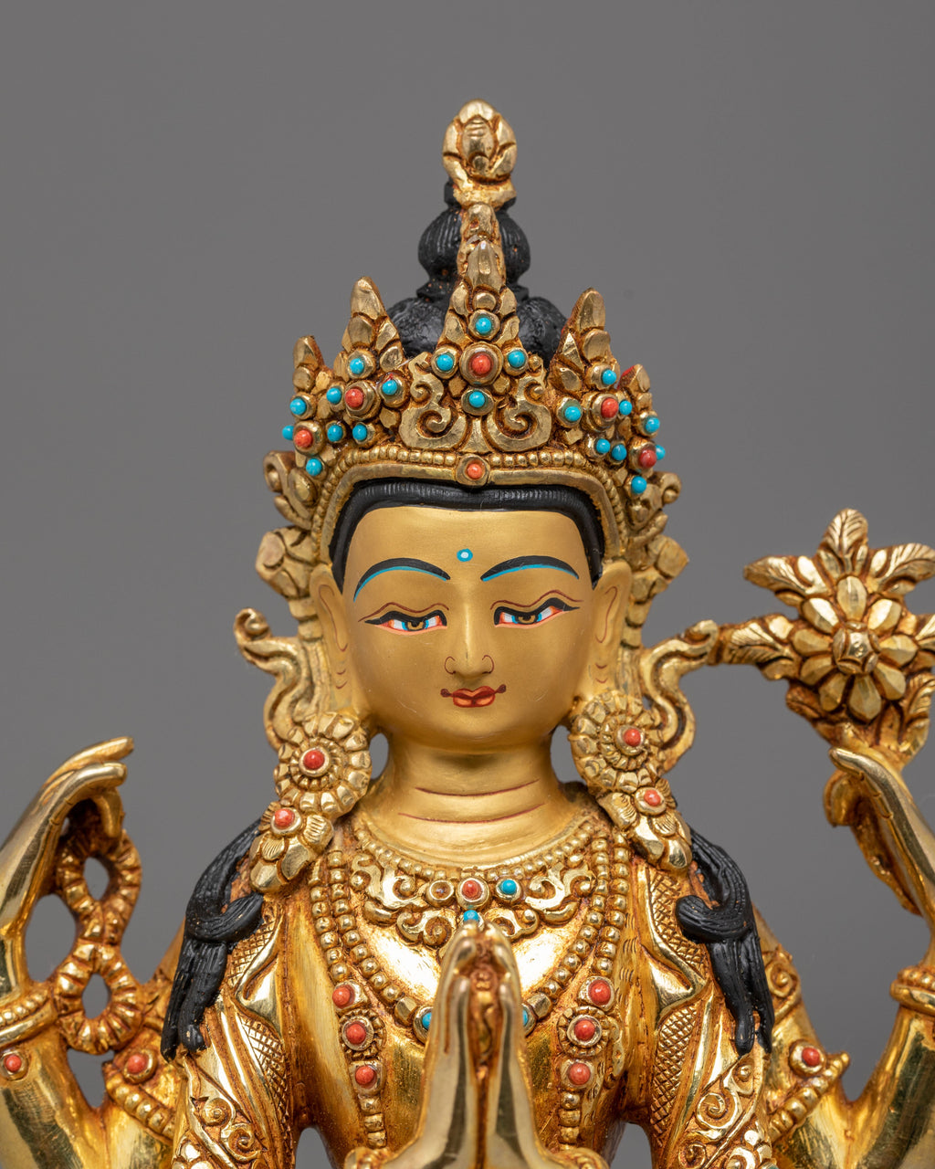Handmade Golden Chenrezig Statue of Compassion | Bodhisattva Icon