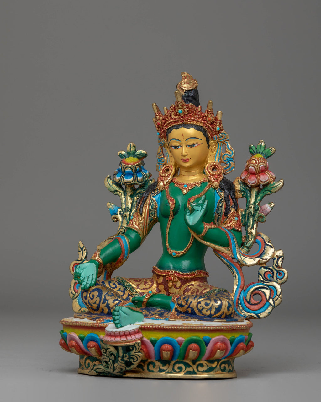 Shyama Tara Statue for Protection | Copper, Gold-Plated with Coral & T
