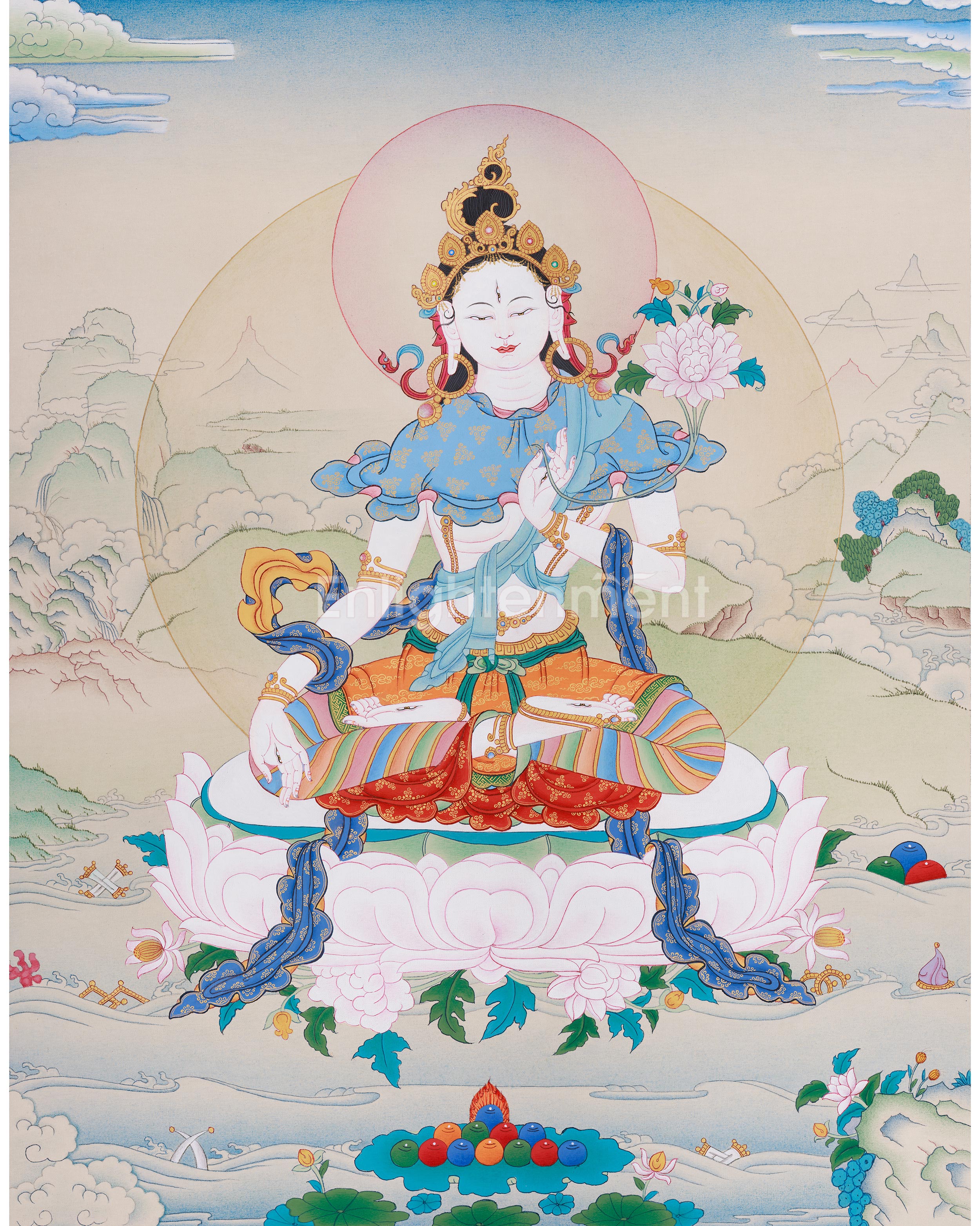 Buddhist Goddess White Dolma | A Sacred Thangka of Purity, Compassion,