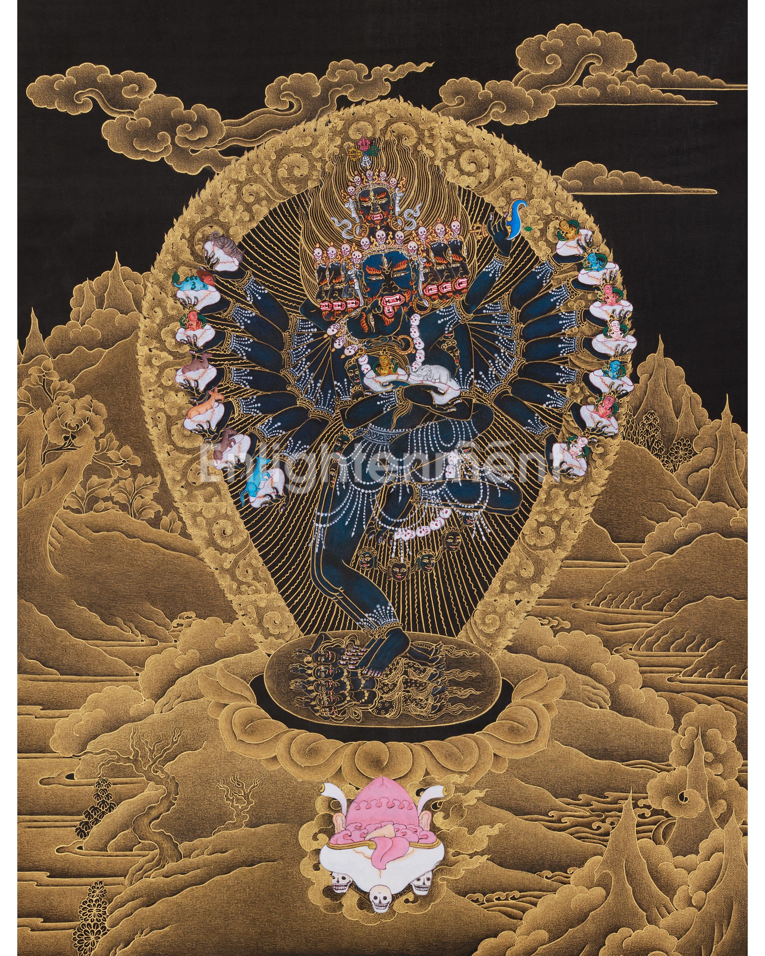 Gold on Black Hevajra Thangka | Fierce Meditational Deity | Vajrayana