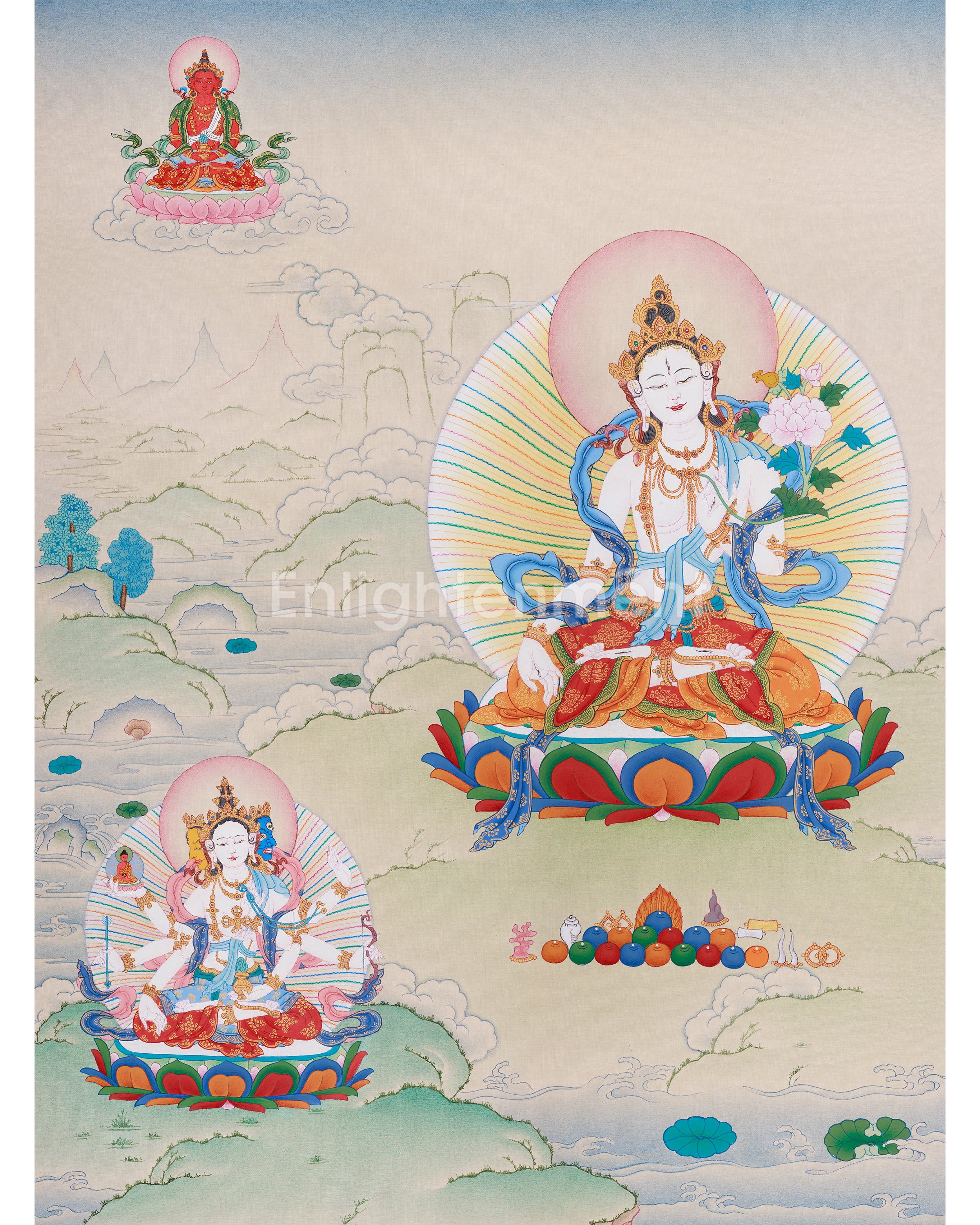 Thangka of Long-Life Deities: White Tara, Amitayus Buddha, and Namgyal