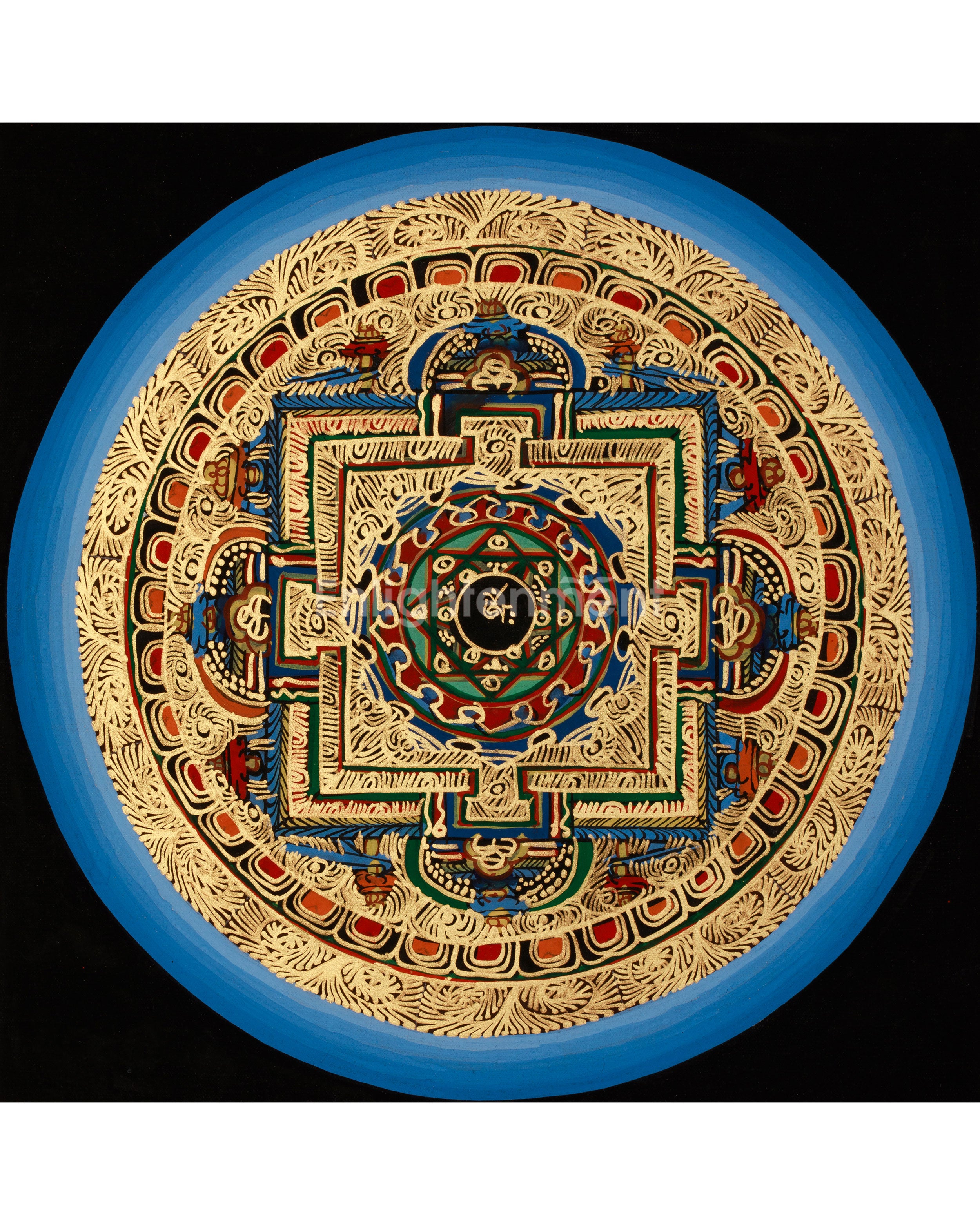 Gold-Embellished Om Mandala Thangka | Spiritual Meditation Art