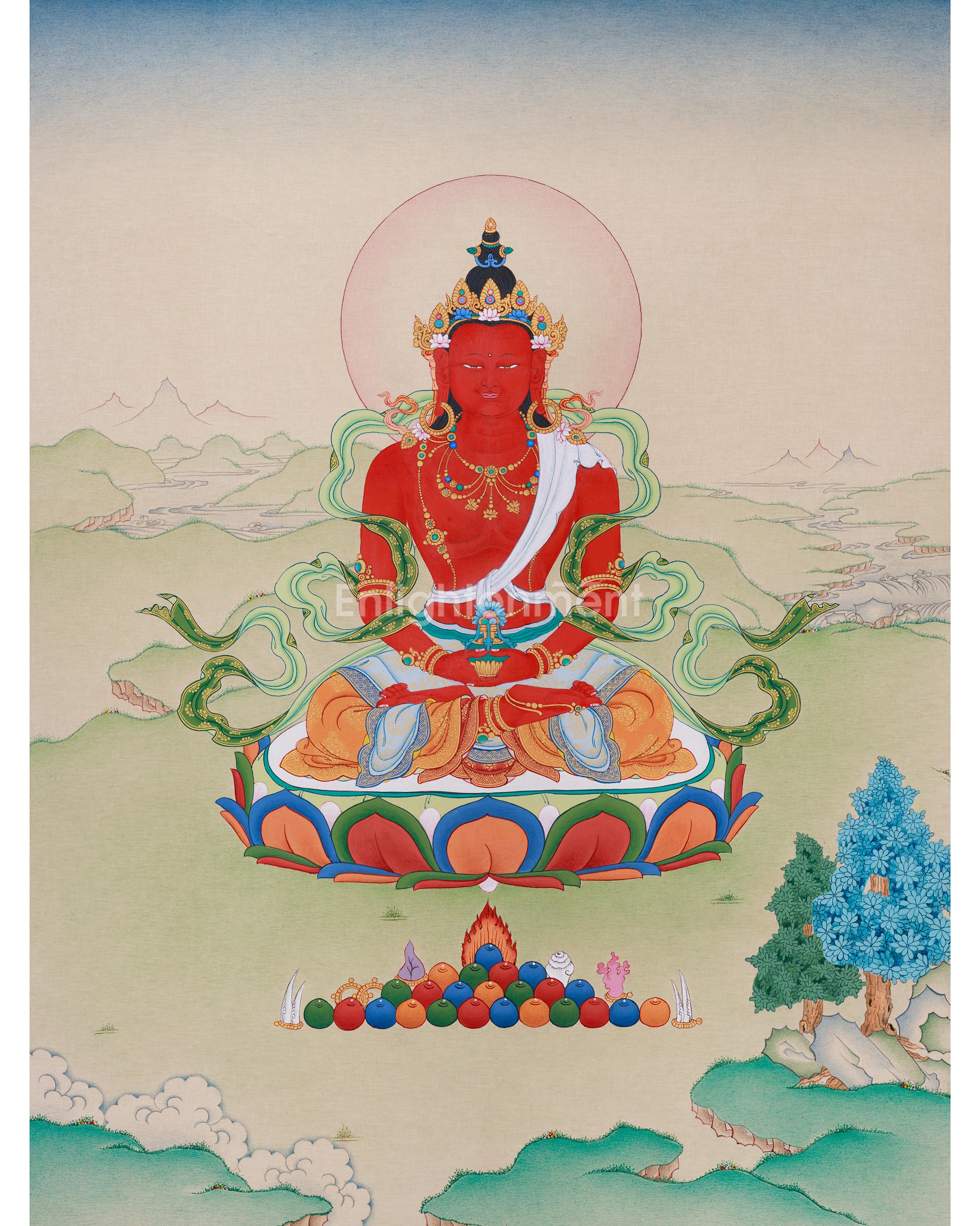Red Buddha Amitayus | A Sacred Thangka of Longevity, Healing, and Wisd