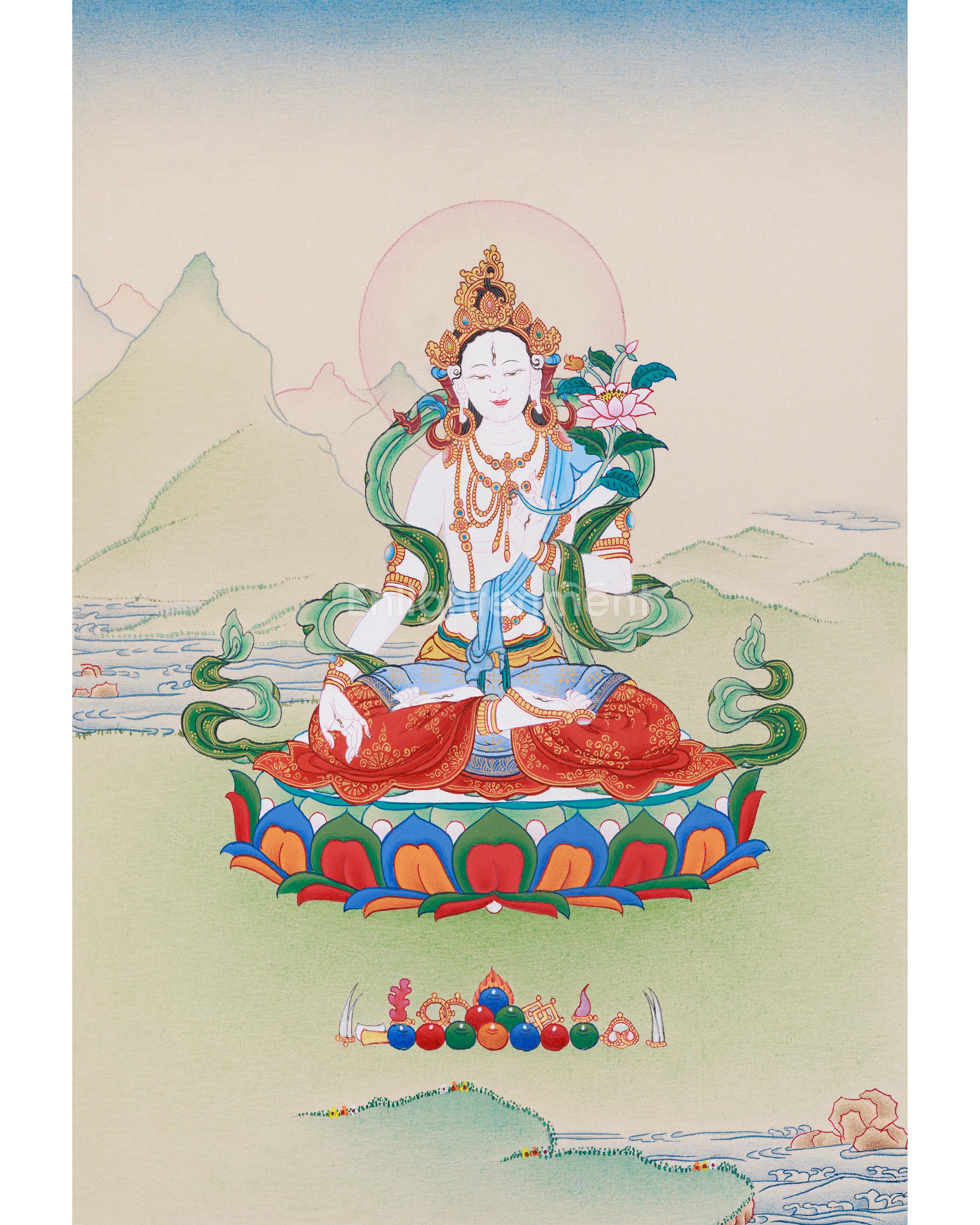 Hand-Painted Seven Eyes White Tara Thangka | Buddhist Art for Longevit