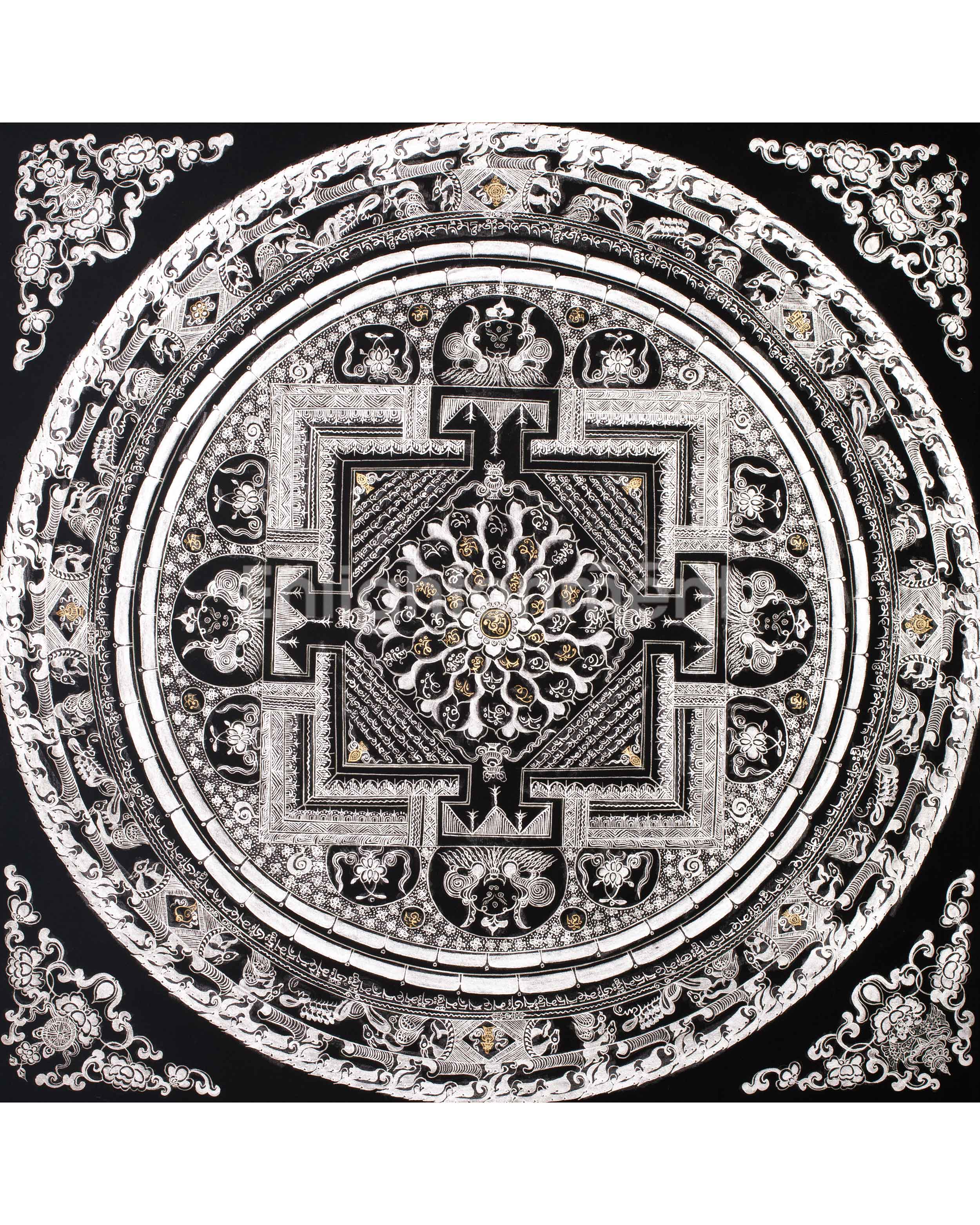 Silver Mantra Mandala Painting | Hand-Painted Mandala for Meditation