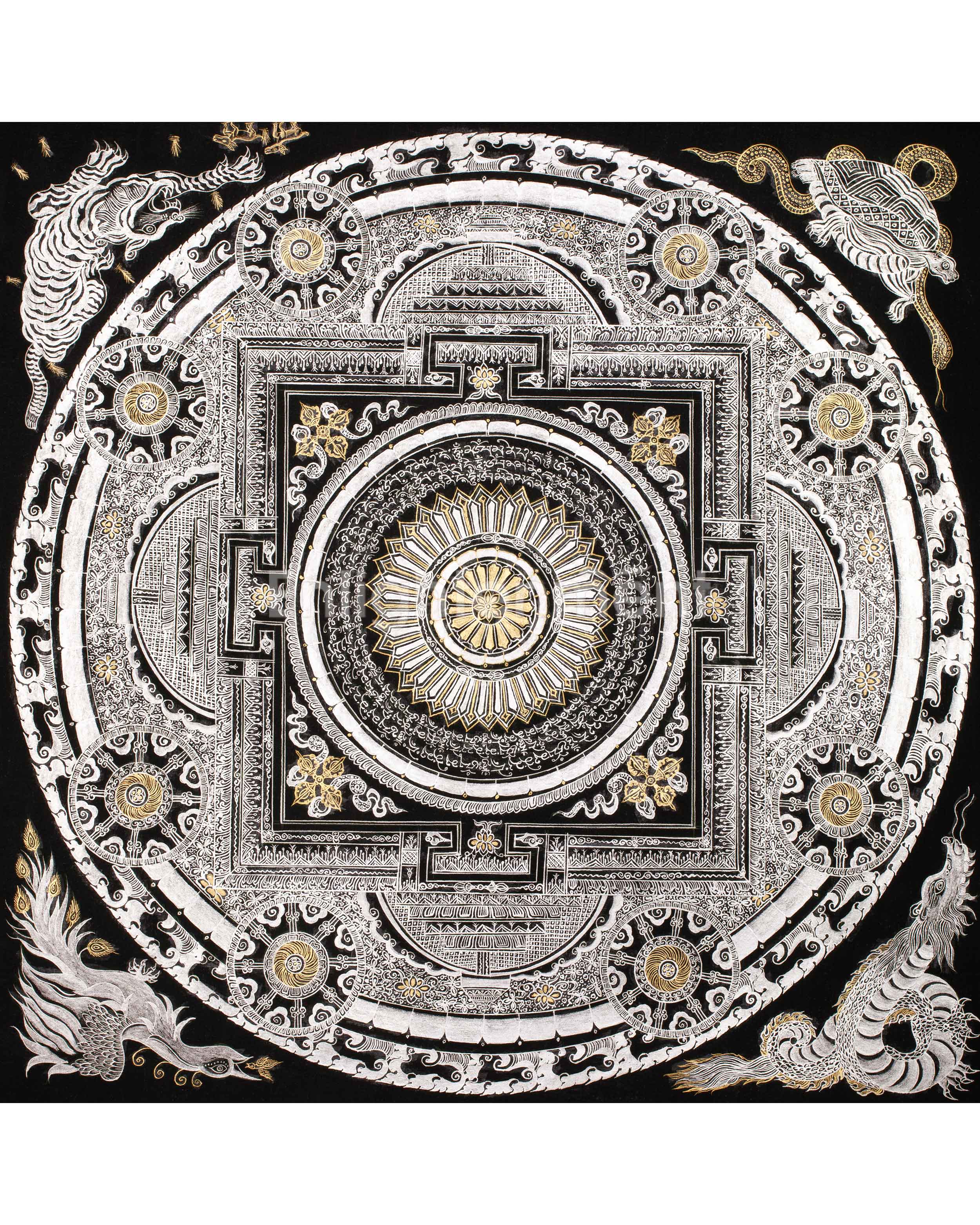 Silver with Gold Mantra Mandala | Four Mythical Creatures | Mandala Pa