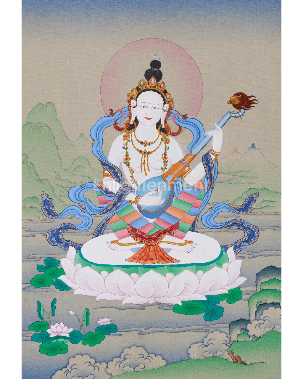 Wisdom Goddess Saraswati | A Sacred Thangka of Knowledge and Creativit