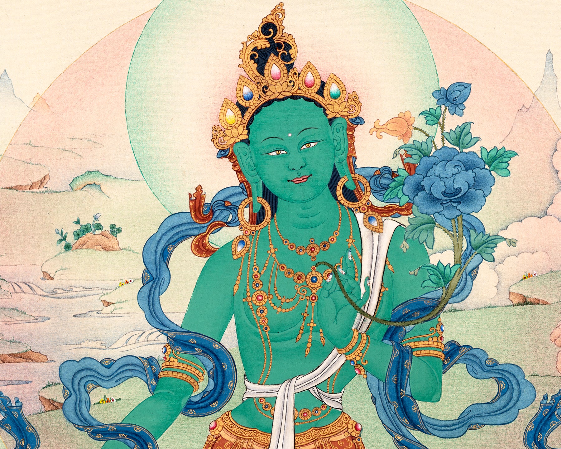 Green Tara Thangka | Tibetan Tara Painting | Natural stone colors
