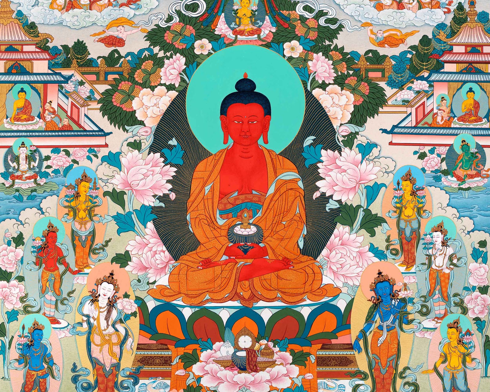 Amitabha Buddha Pure Land Thangka | Tibetan Thangka Hand painted in En