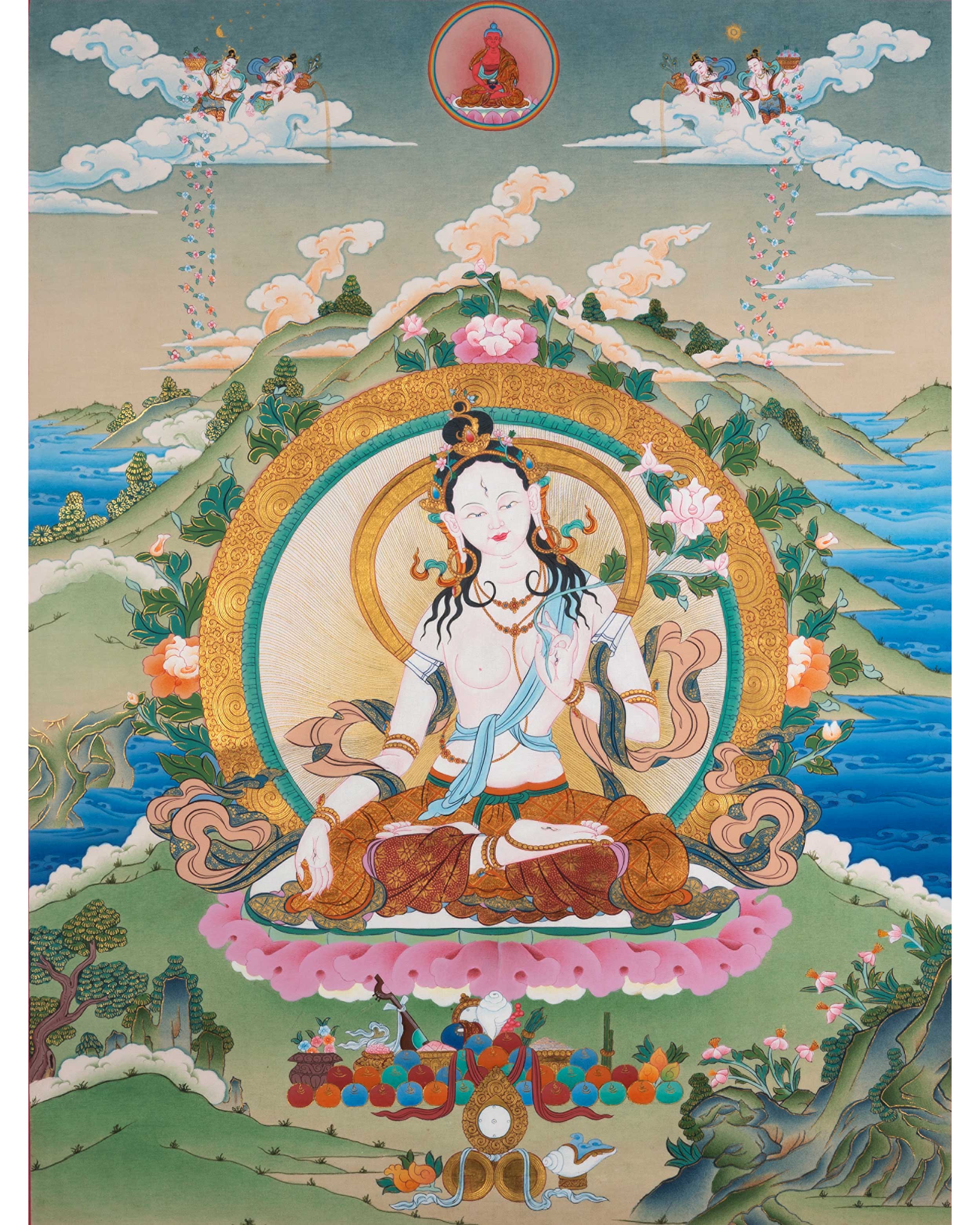 White Tara Healing Thangka | Vajrayana Buddhist Art | Hand-Painted Tar